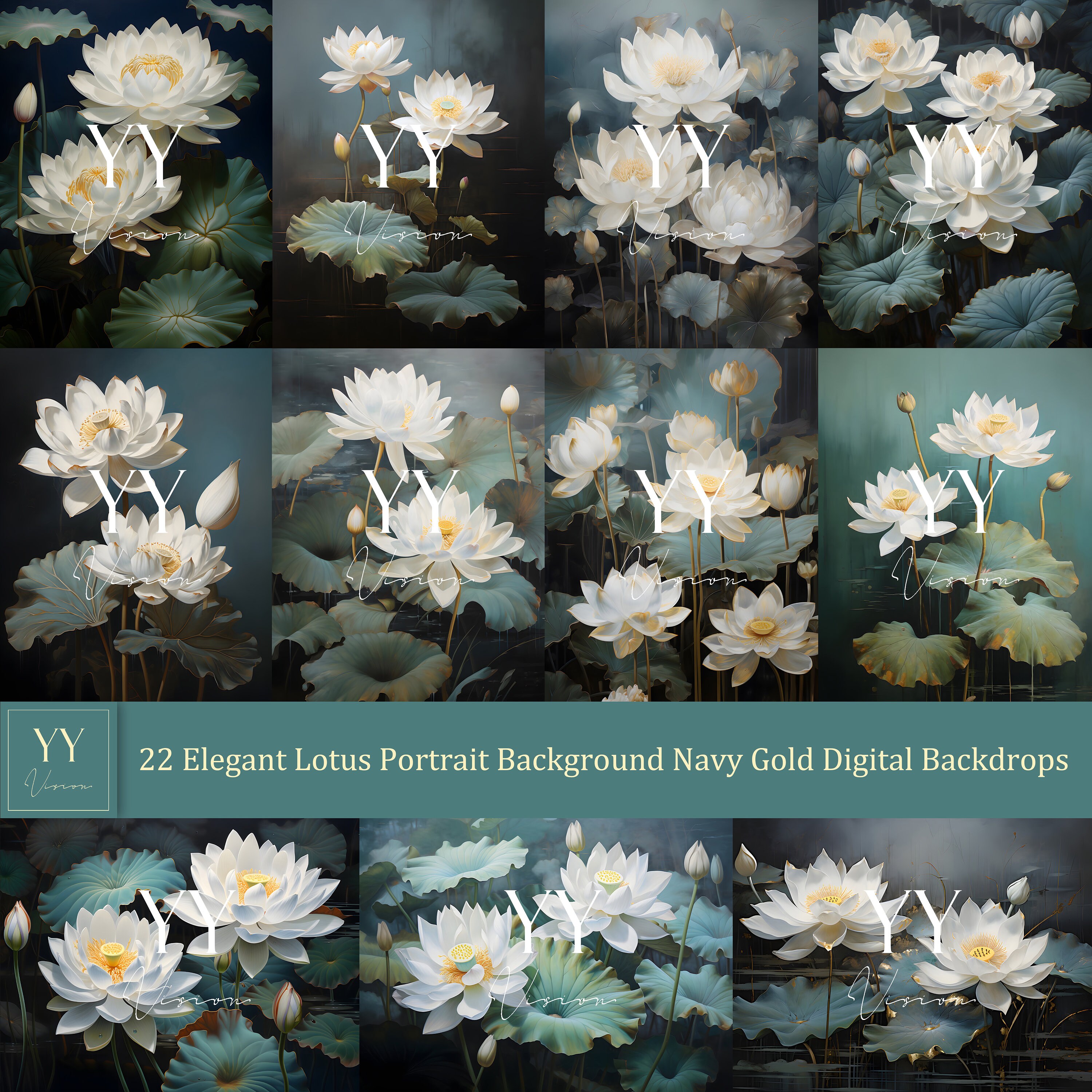 22 Elegant Lotus Portrait Background Navy Gold Digital Backdrops Sets ...