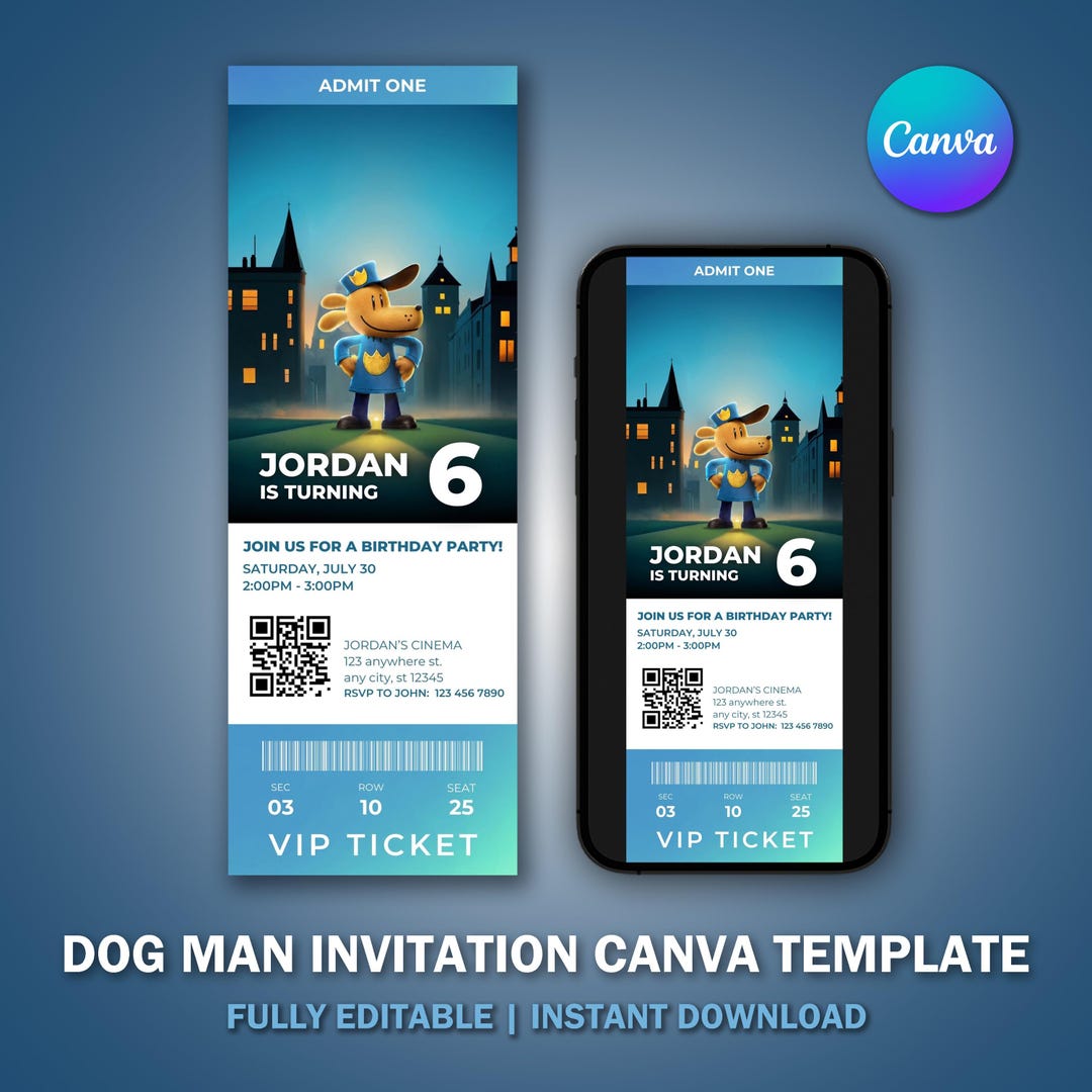 Dogman Invitation Ticket Template V1 for Birthday Party | Editable ...