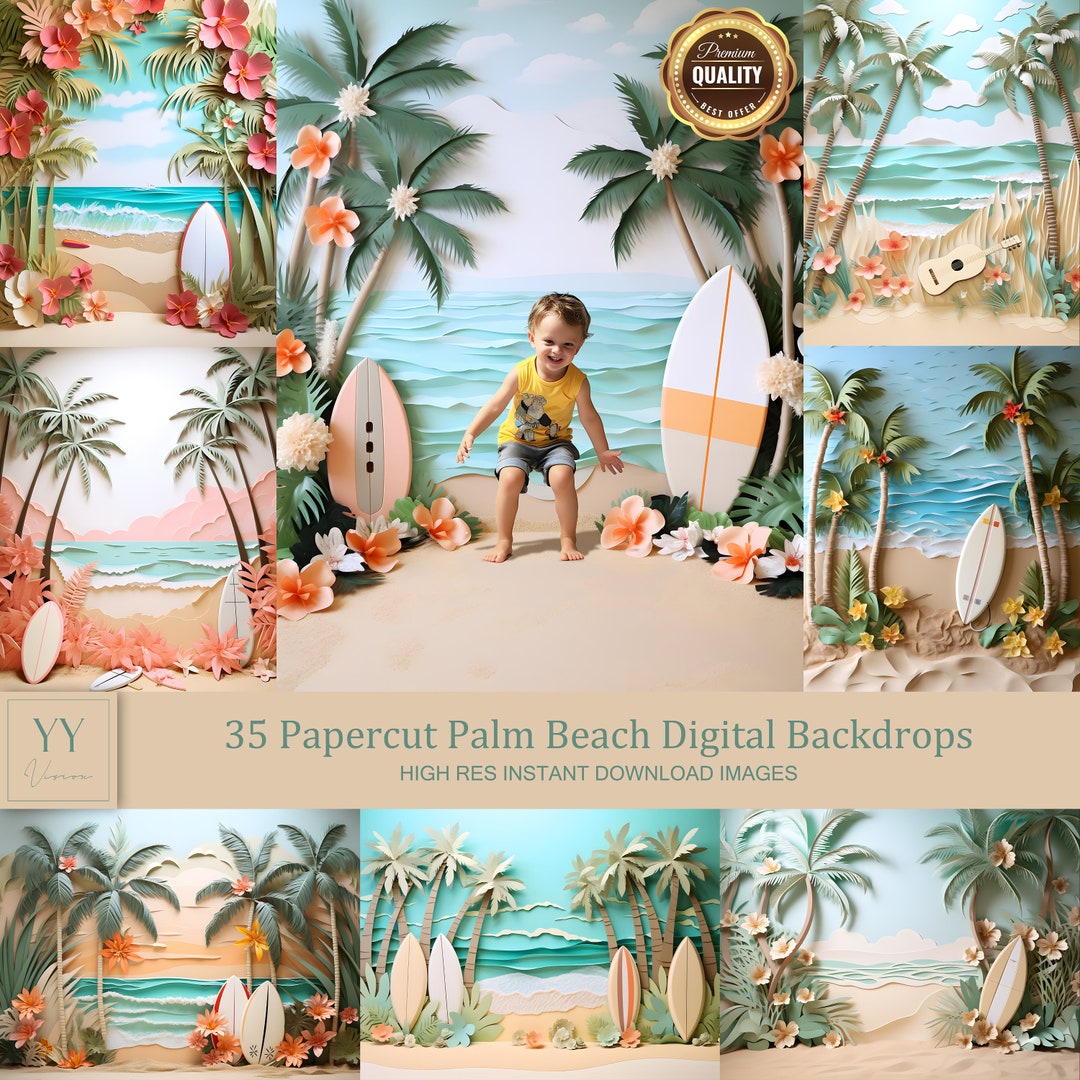 35 Papercut Palm Beach Digital Backdrops Sets for Newborn Baby Cake ...