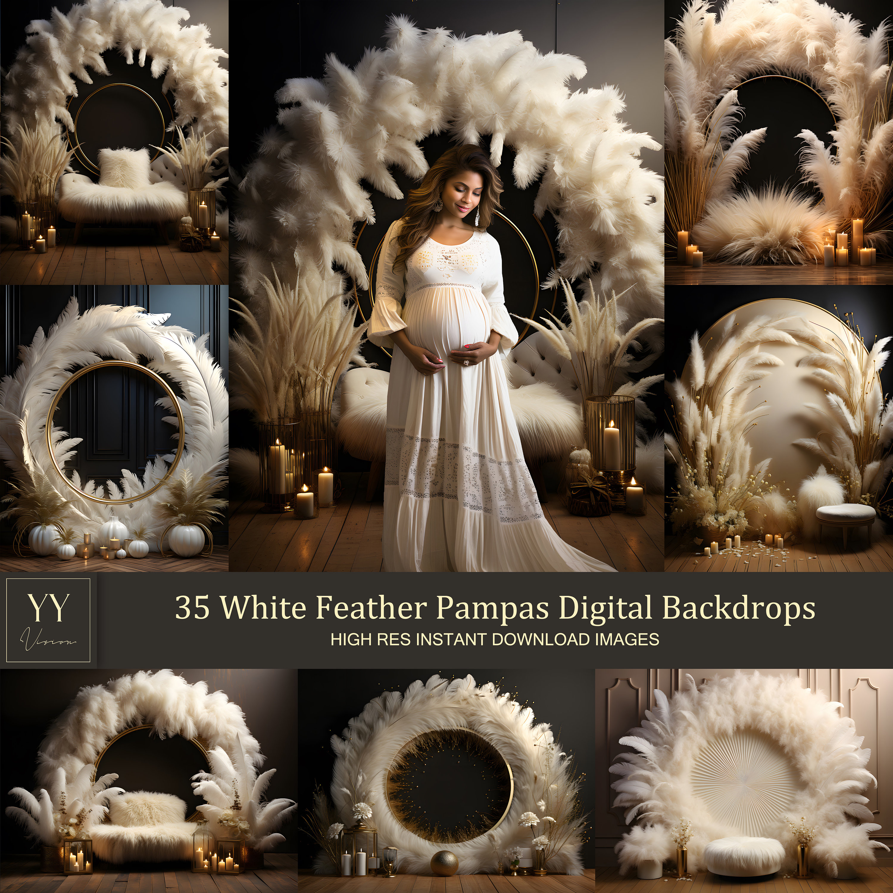 35 White Feather & Pampas Grass Dark Background Digital Backdrops Sets for Maternity Photography ...