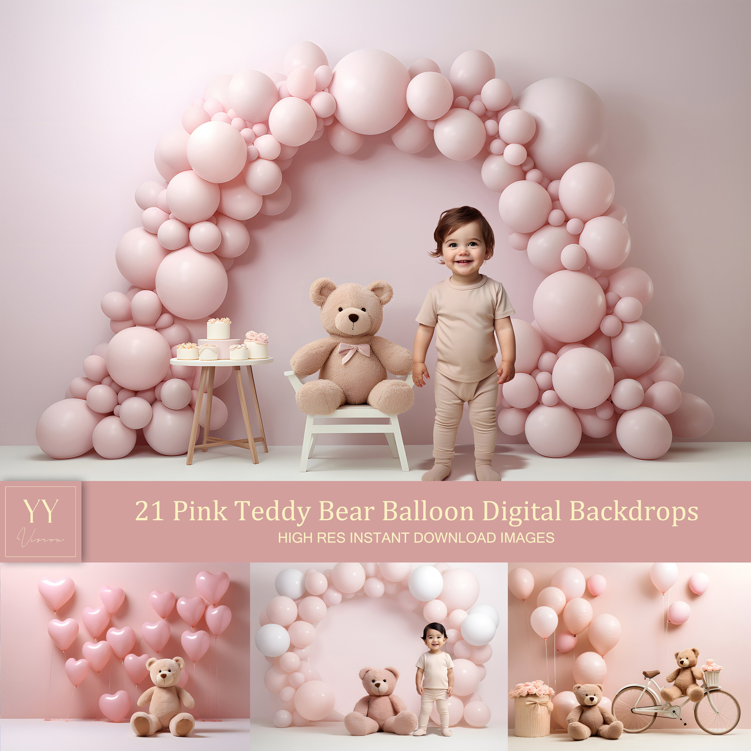 27 Teddy Bear and Balloon Pink Digital Backdrops Sets for Newborn Baby ...
