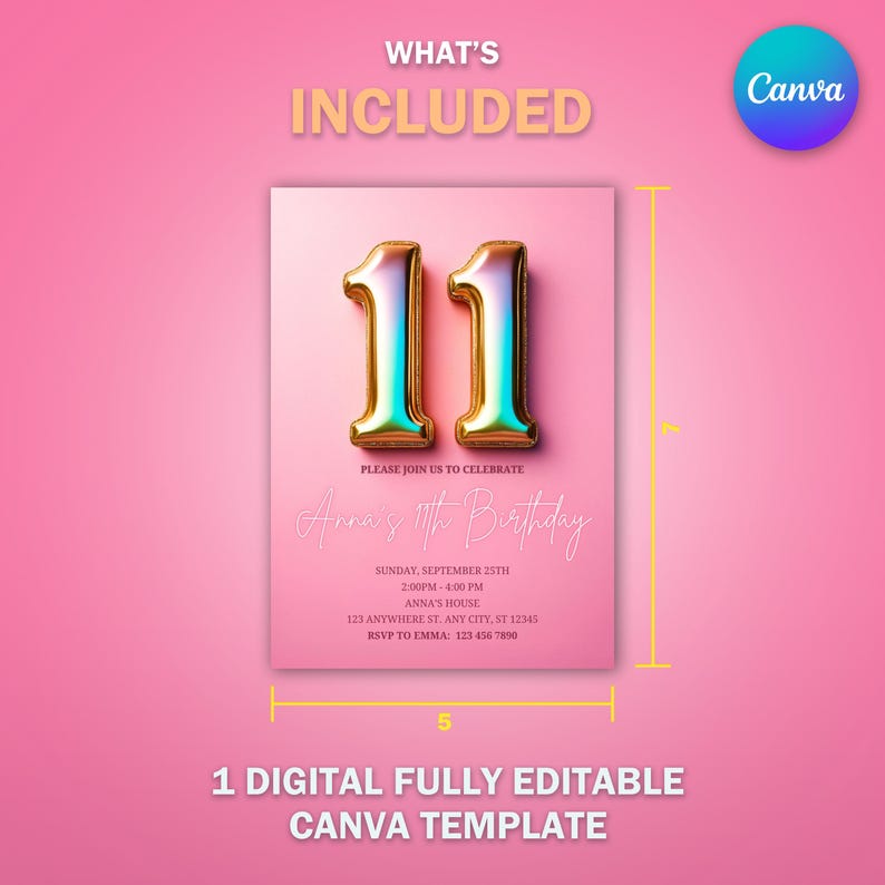 11th Birthday Invitation Template V2 for Glitter Birthday Party ...