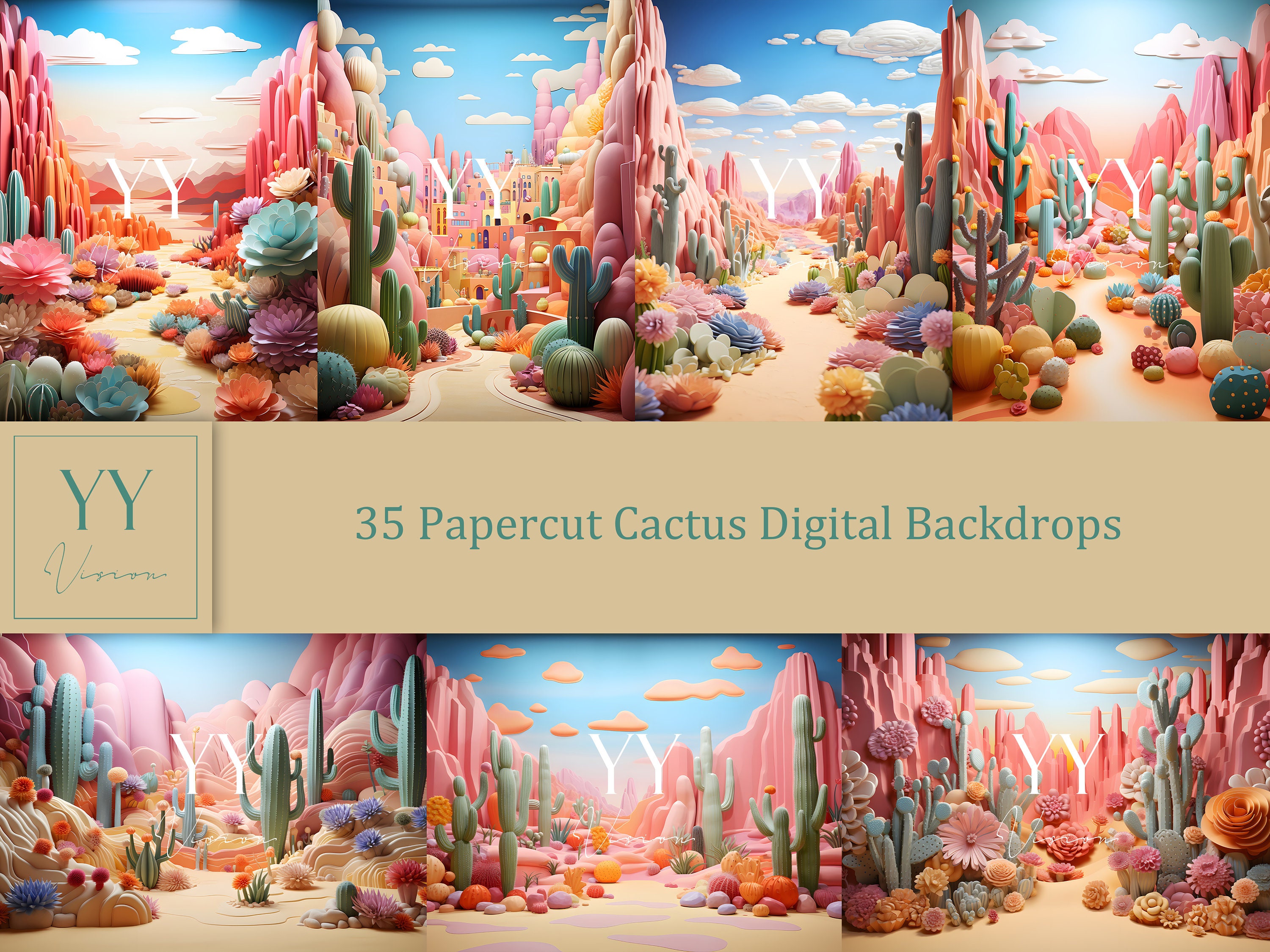 35 Papercut Cactus Digital Backdrops Sets for Newborn Baby Cake Smash ...