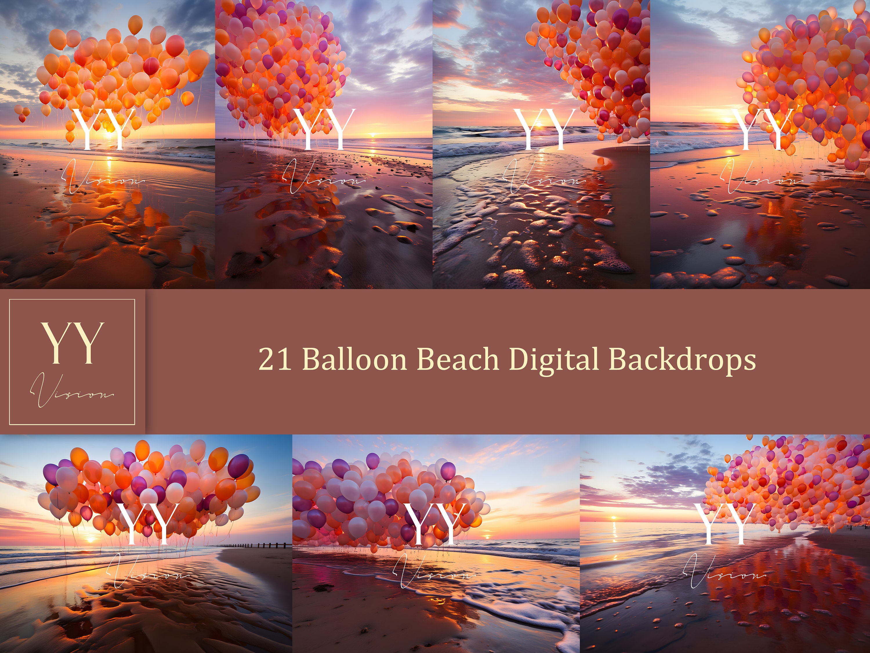 21 Balloon Beach Digital Backdrops Sets for Wedding Maternity ...