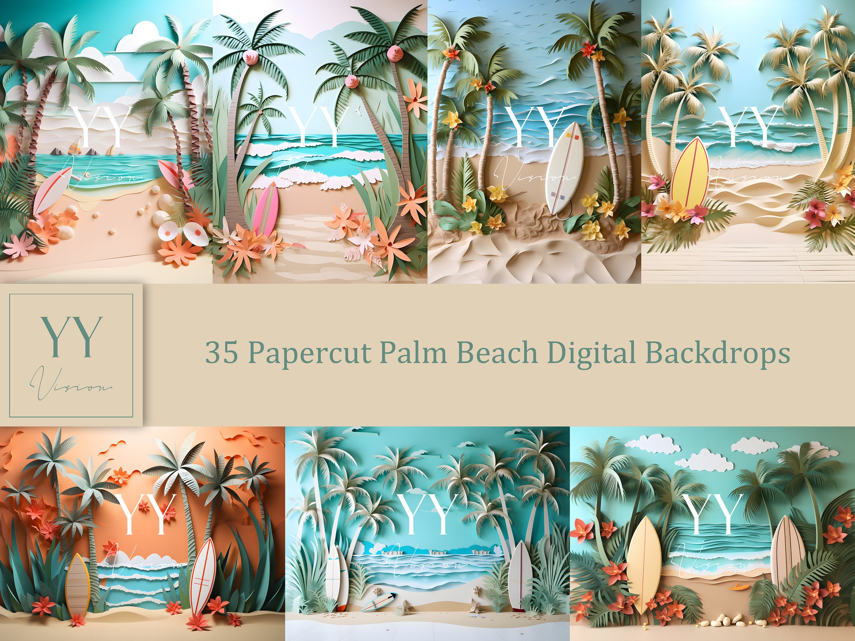 35 Papercut Palm Beach Digital Backdrops Sets for Newborn Baby Cake ...