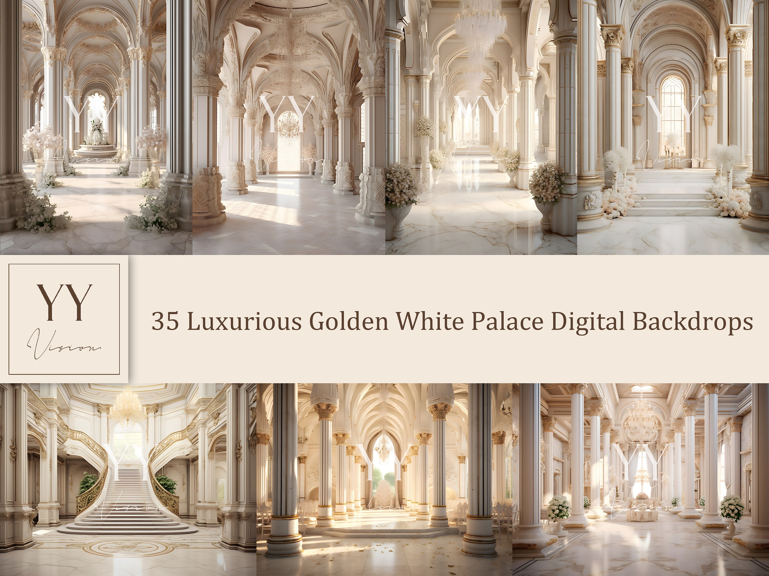 35 Luxurious Golden White Palace Digital Backdrops Sets for Wedding ...