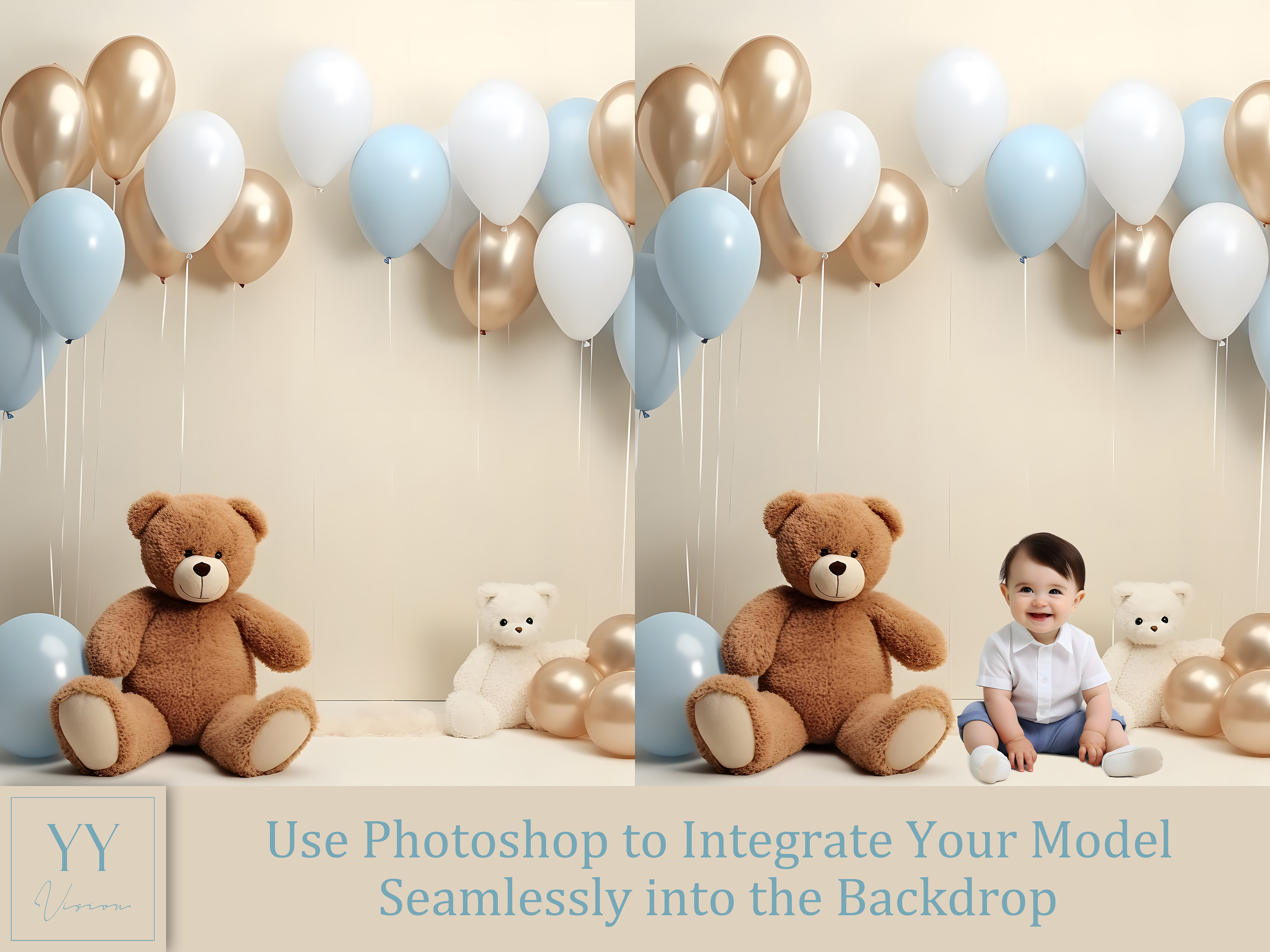 14 Teddy Bears & Balloon Blue Digital Backdrops Sets Newborn Baby Cake ...