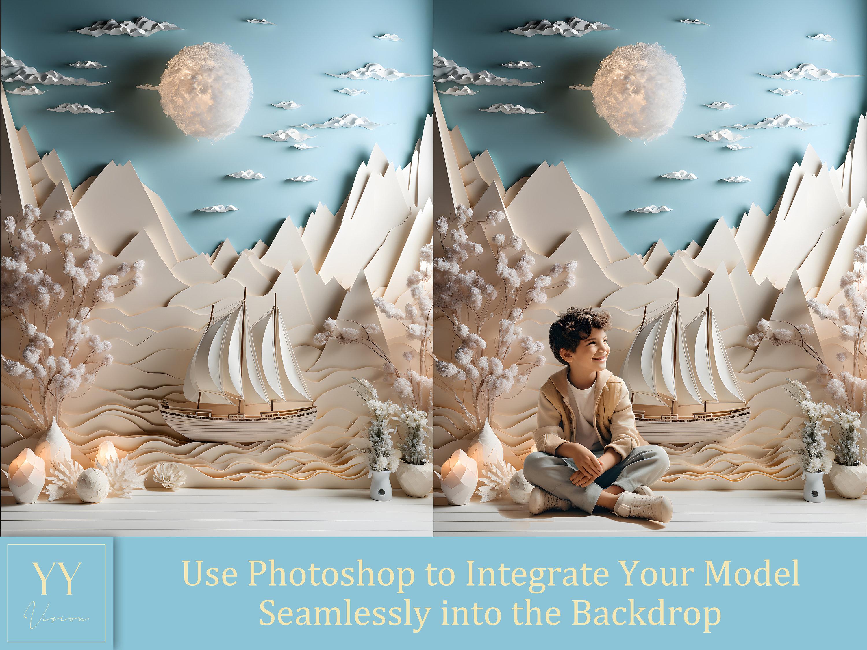 35 Papercut Boat on Sea Digital Backdrops Sets Newborn Baby Cake Smash ...