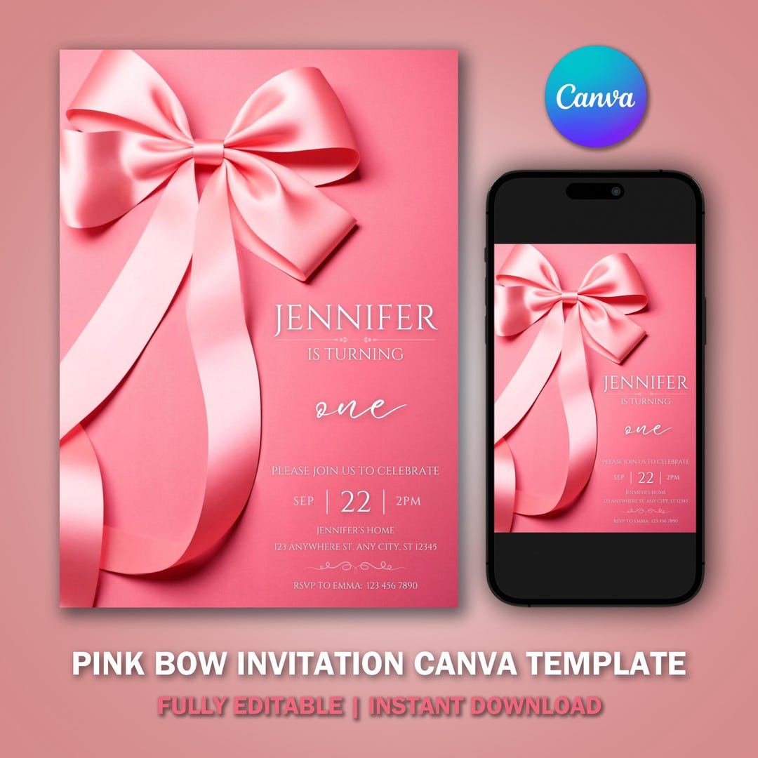 Pink Bow Birthday Invitation Template V2 | Editable Printable Digital ...