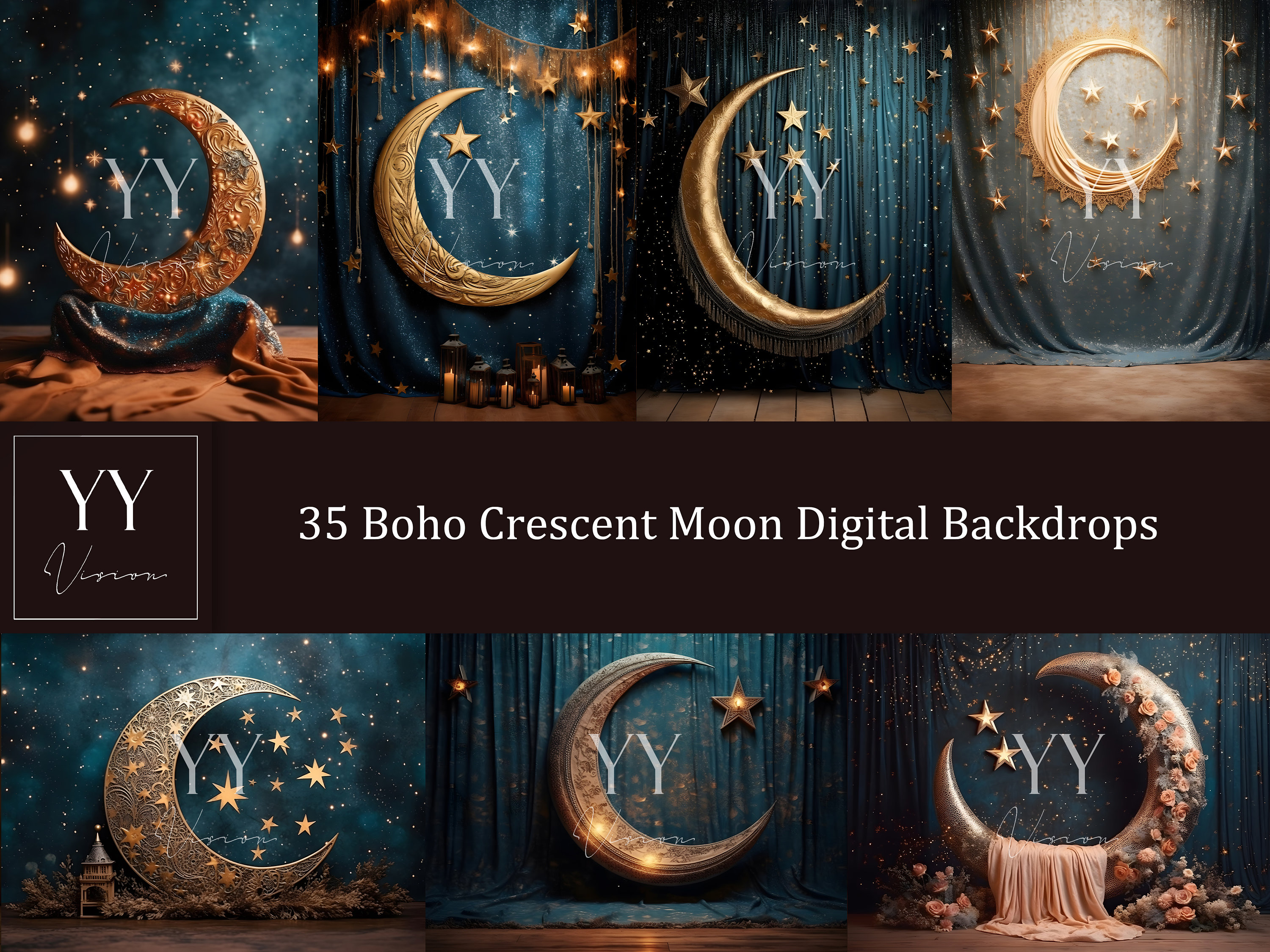 35 Boho Crescent Moon Digital Backdrops Sets for Maternity Newborn ...
