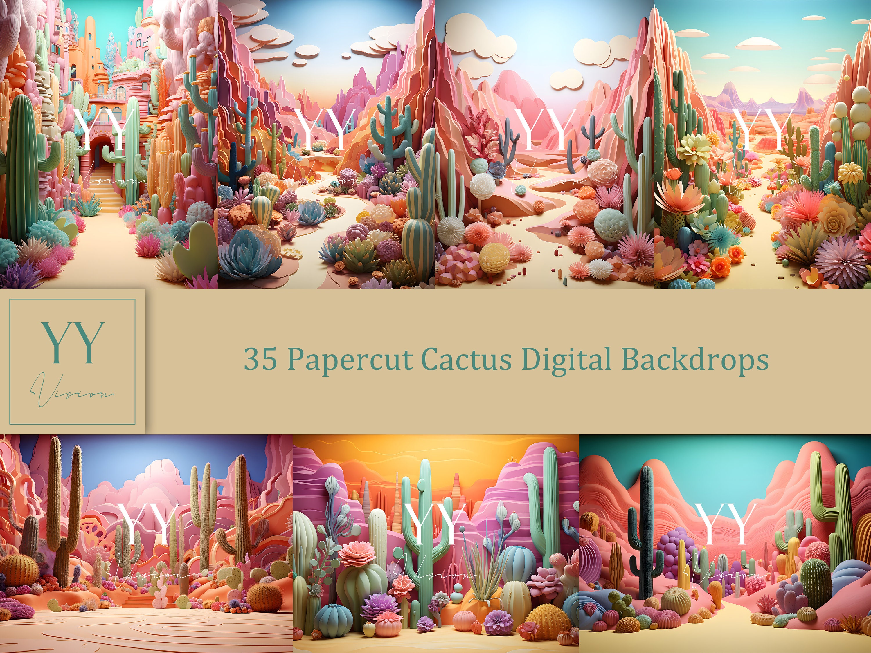 35 Papercut Cactus Digital Backdrops Sets for Newborn Baby Cake Smash ...