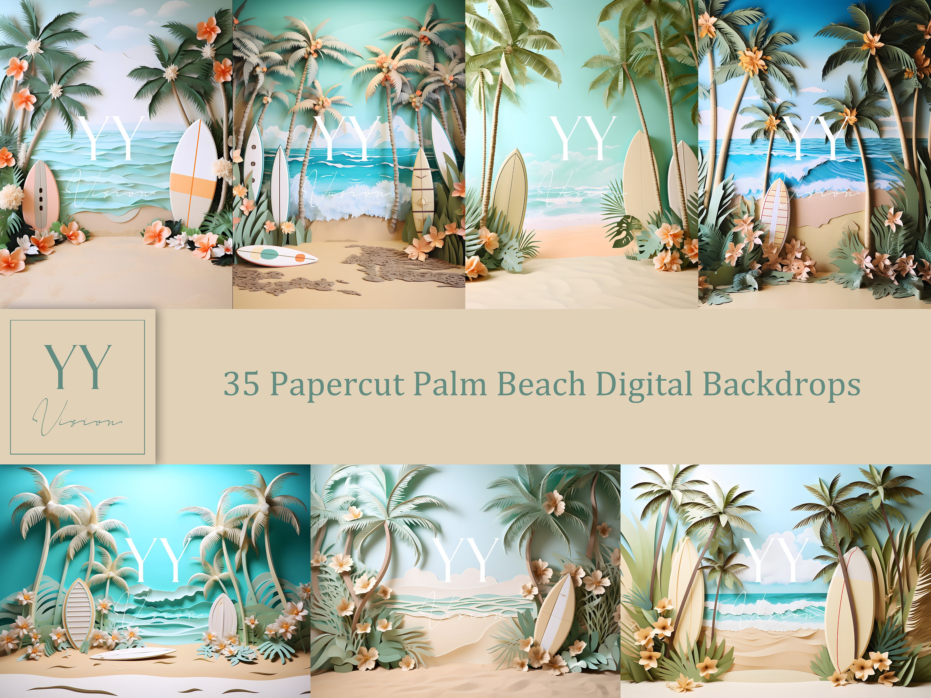 35 Papercut Palm Beach Digital Backdrops Sets for Newborn Baby Cake ...