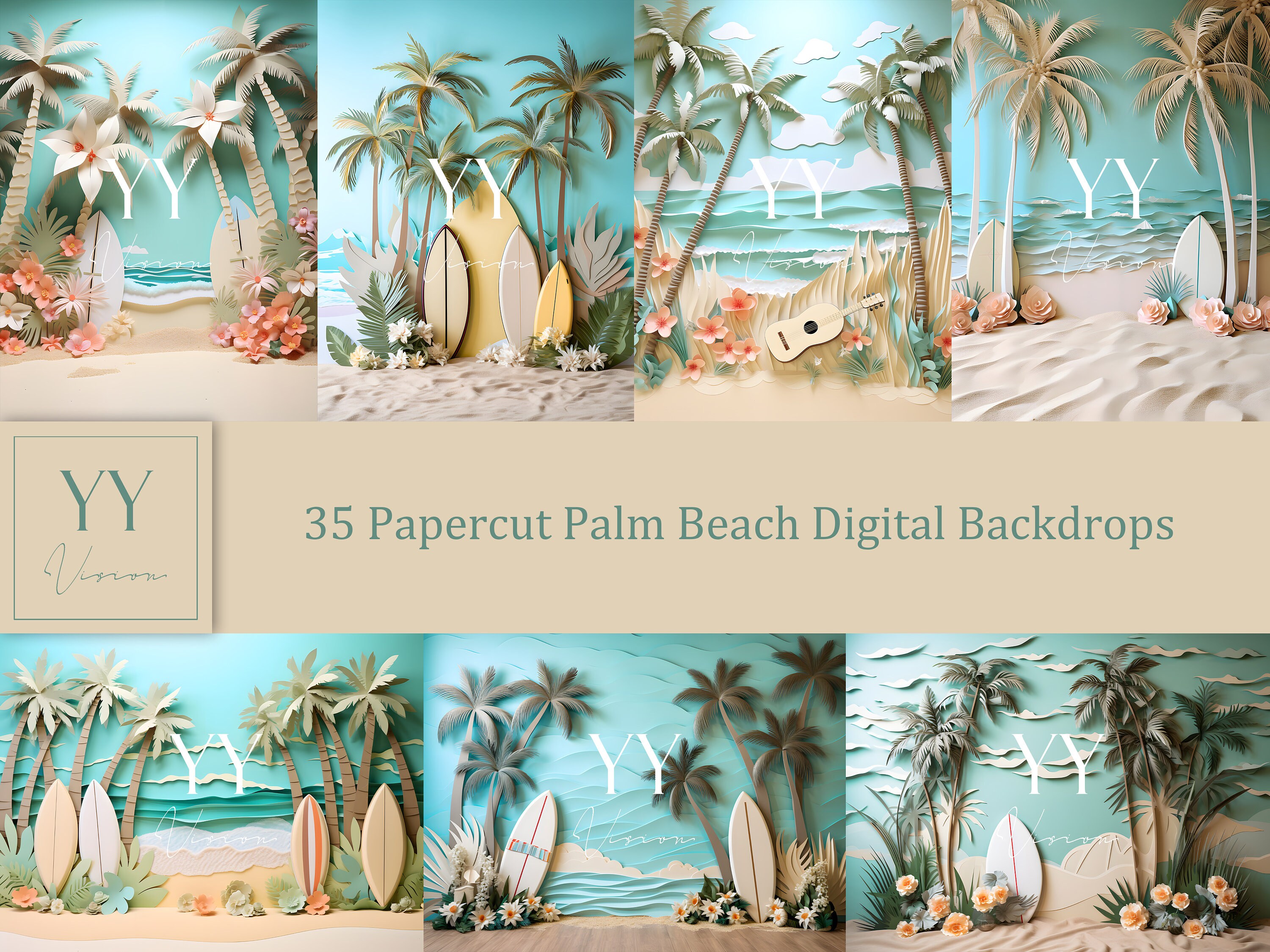 35 Papercut Palm Beach Digital Backdrops Sets for Newborn Baby Cake ...