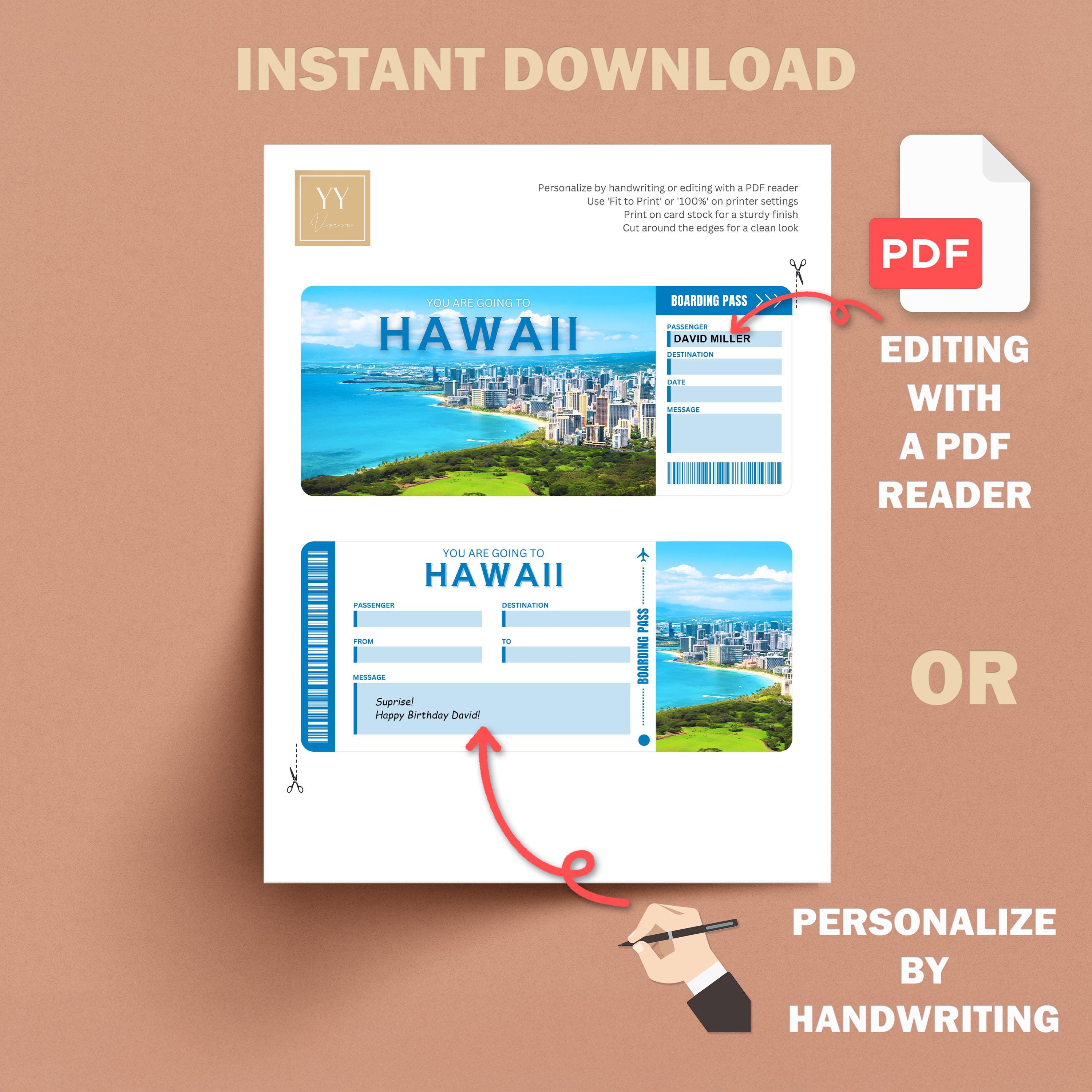 Printable HAWAII Surprise Ticket V2 | Editable Boarding Pass | Vacation ...