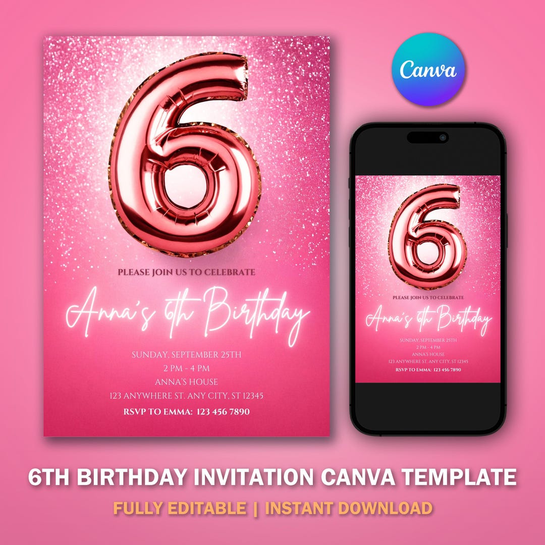 6th Birthday Invitation Template V2 for Glitter Birthday Party ...