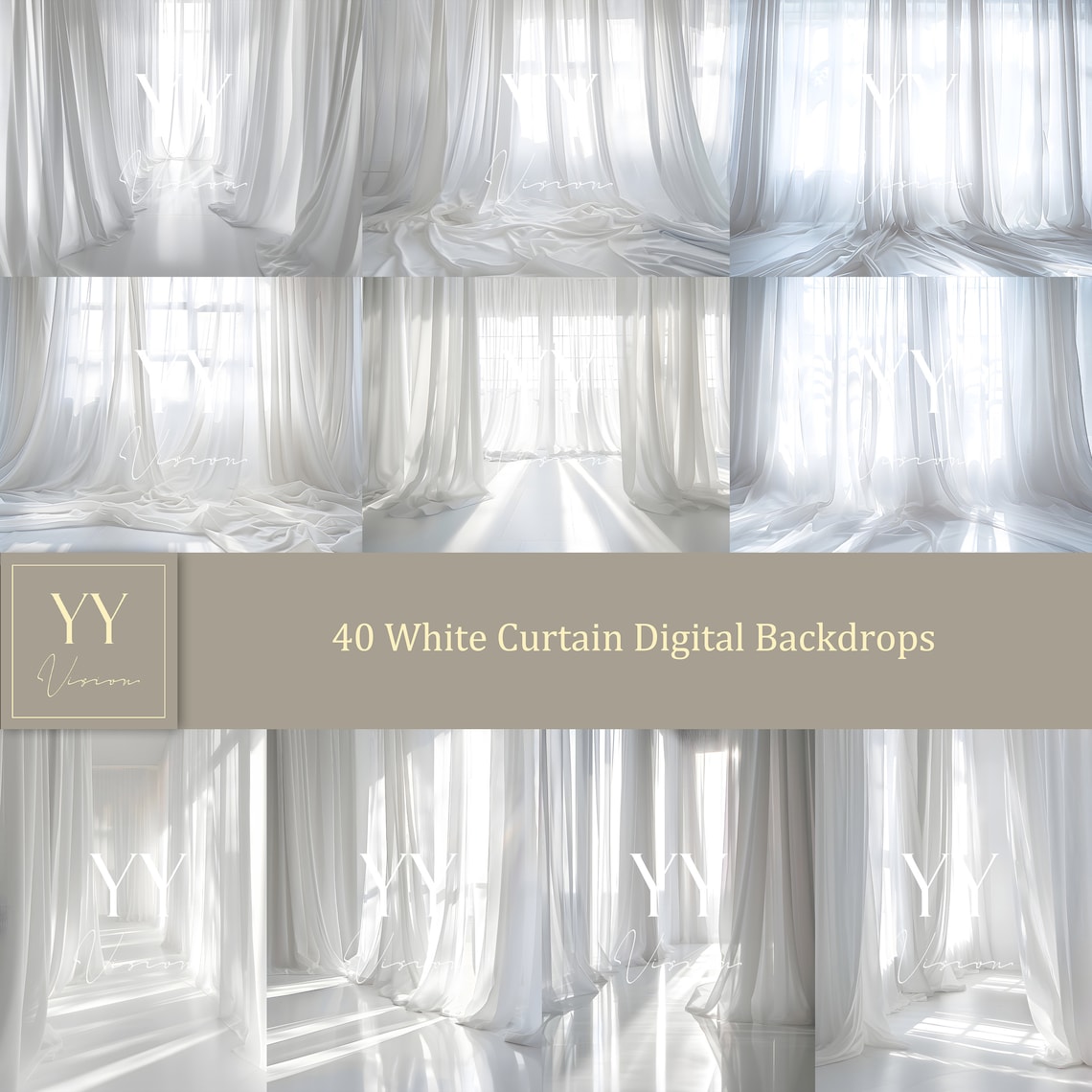 40 White Curtain White Room Digital Backdrops Sets for Maternity ...