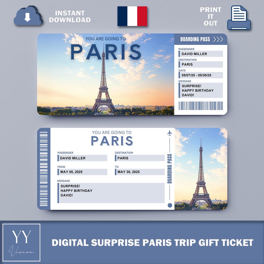 Printable PARIS FRANCE Surprise Ticket V2 | Editable Boarding Pass ...
