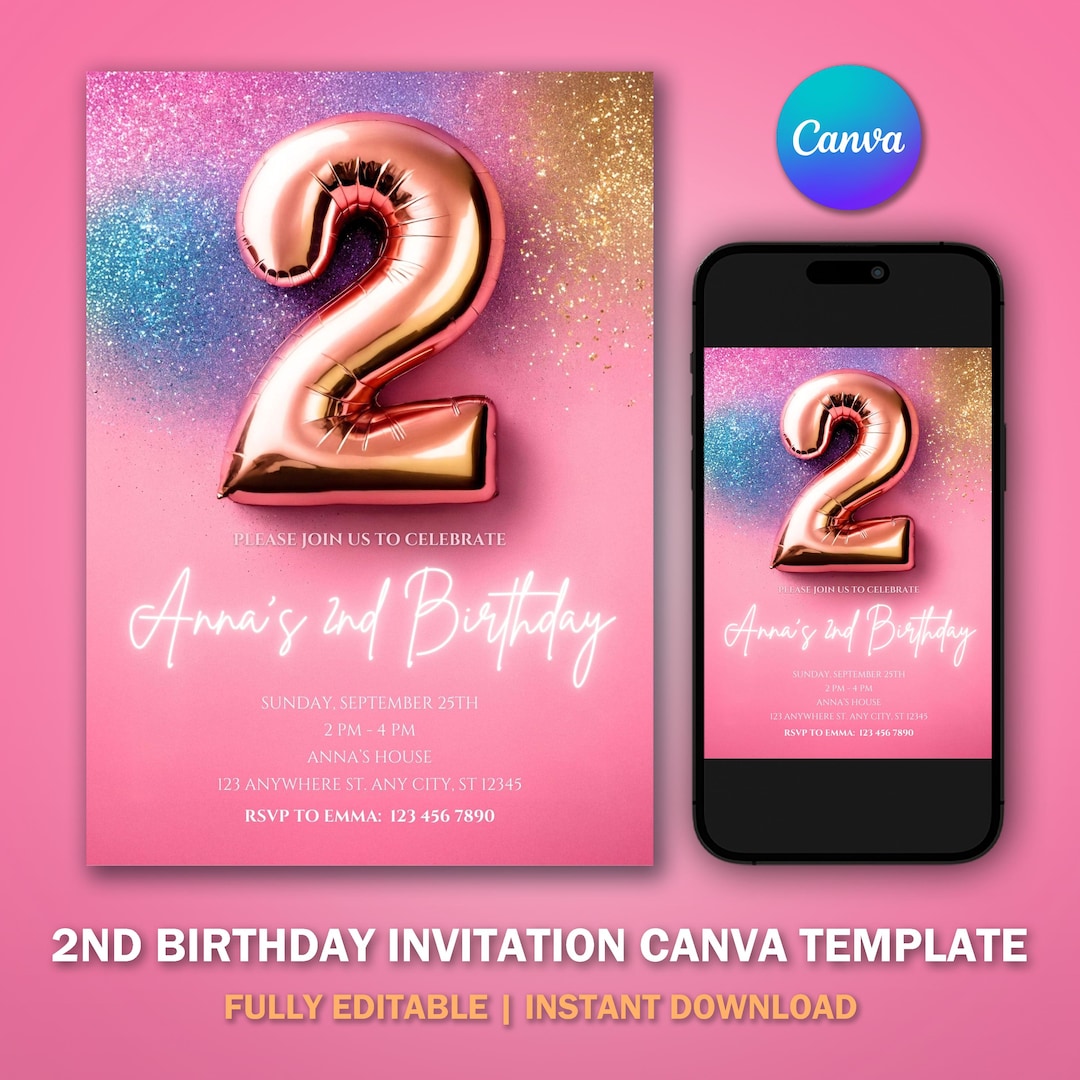 2nd Birthday Invitation Template V2 for Glitter Birthday Party ...