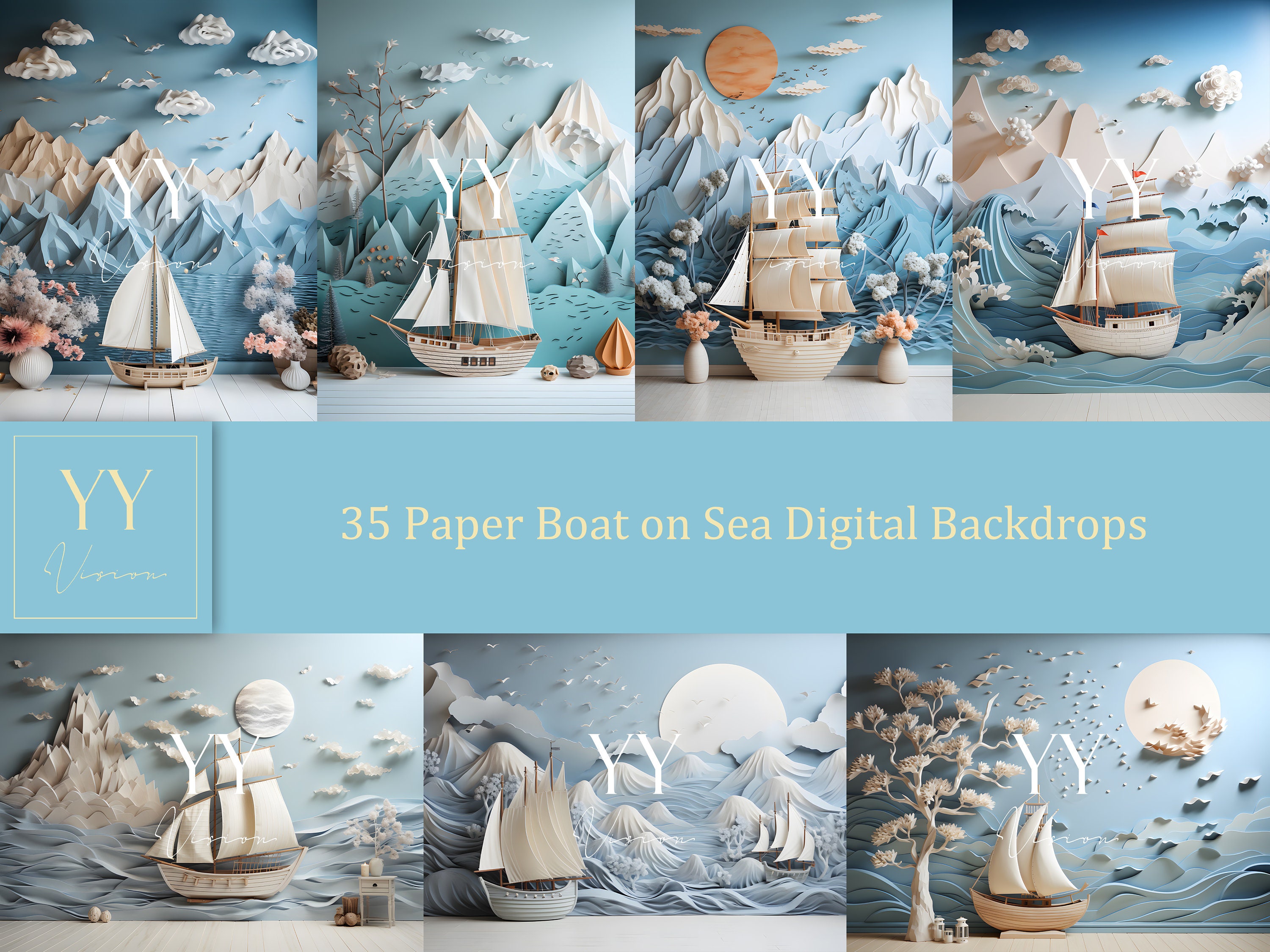 35 Papercut Boat on Sea Digital Backdrops Sets Newborn Baby Cake Smash ...