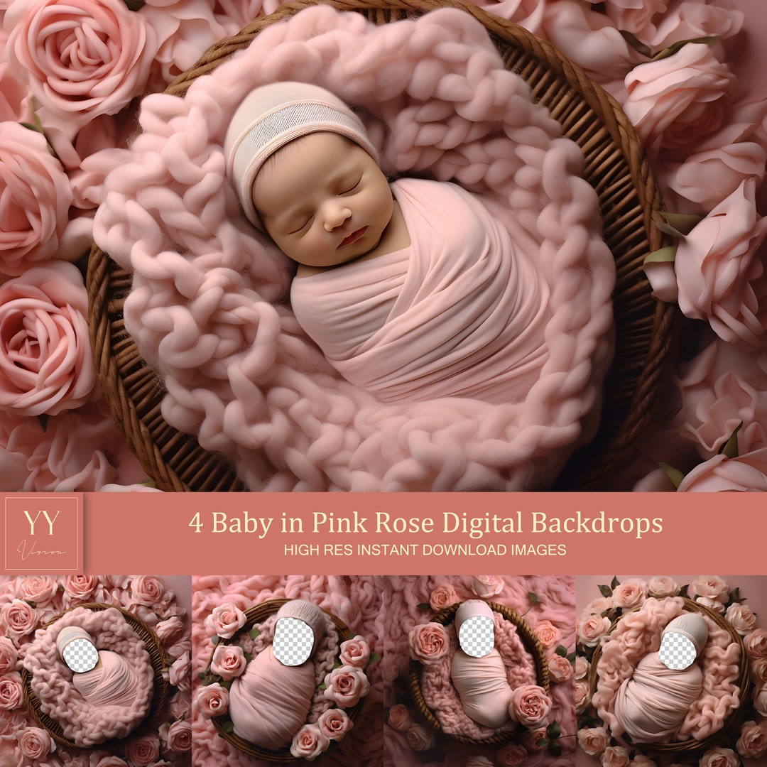 4 Baby in Pink Rose Digital Backdrops Sets for Newborn Baby Photography ...
