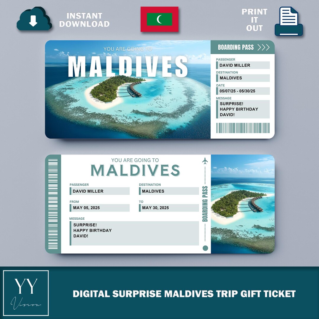 Printable MALDIVES Surprise Ticket V5 | Editable Boarding Pass ...