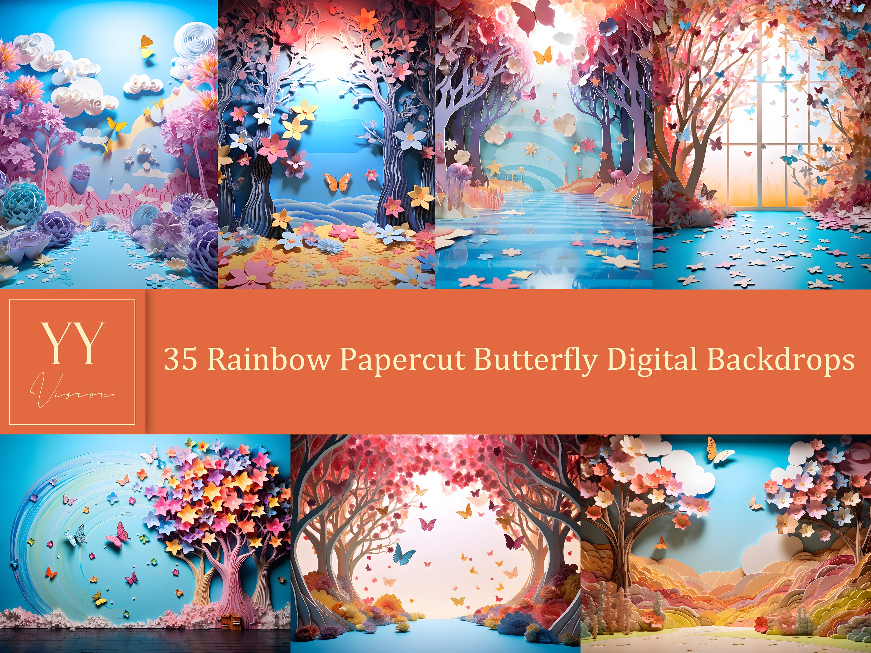 35 Rainbow Papercut Butterfly Digital Backdrops Sets for Newborn Baby ...