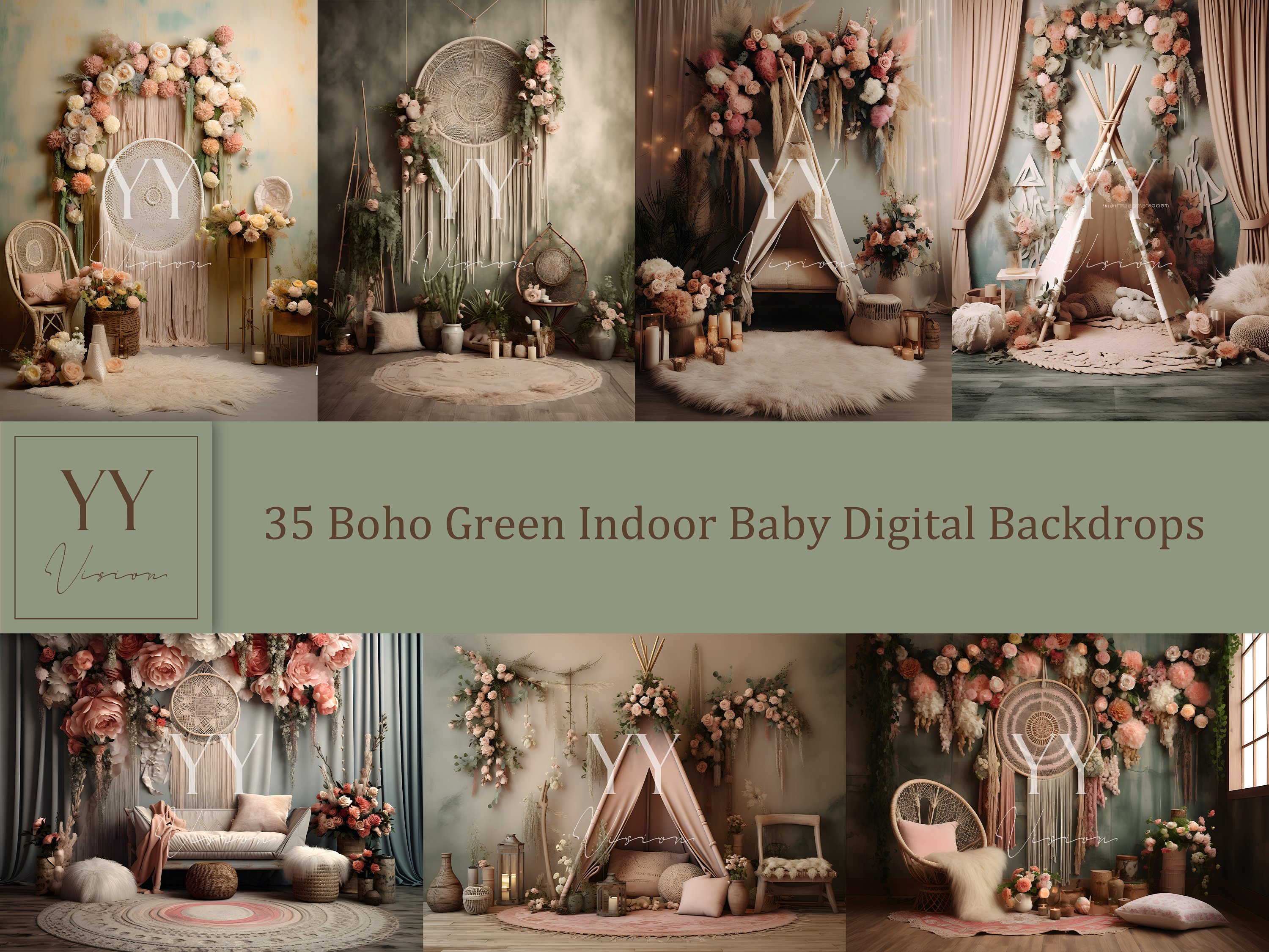 35 Boho Green Indoor Baby Digital Backdrops Sets Maternity Studio ...