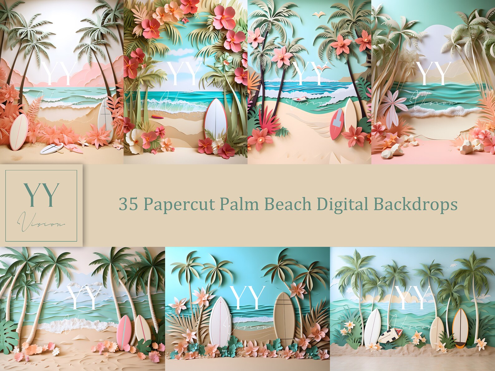 35 Papercut Palm Beach Digital Backdrops Sets for Newborn Baby Cake ...