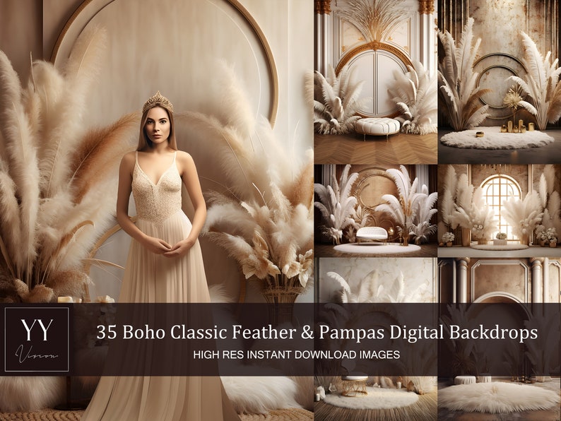 35 Boho Classic Feather Pampas Grass Digital Backdrops Sets - Etsy