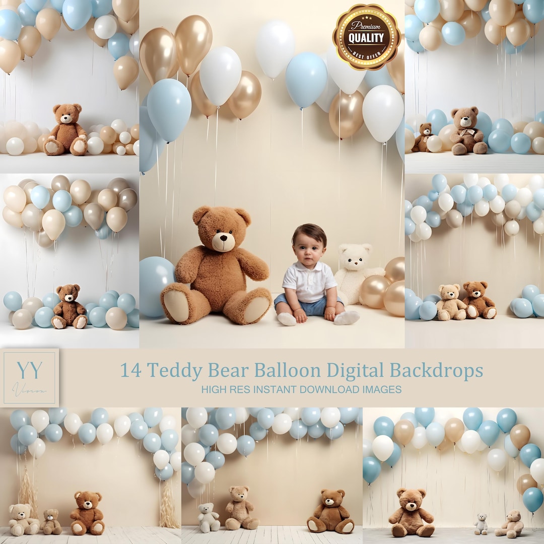14 Teddy Bears & Balloon Blue Digital Backdrops Sets Newborn Baby Cake ...
