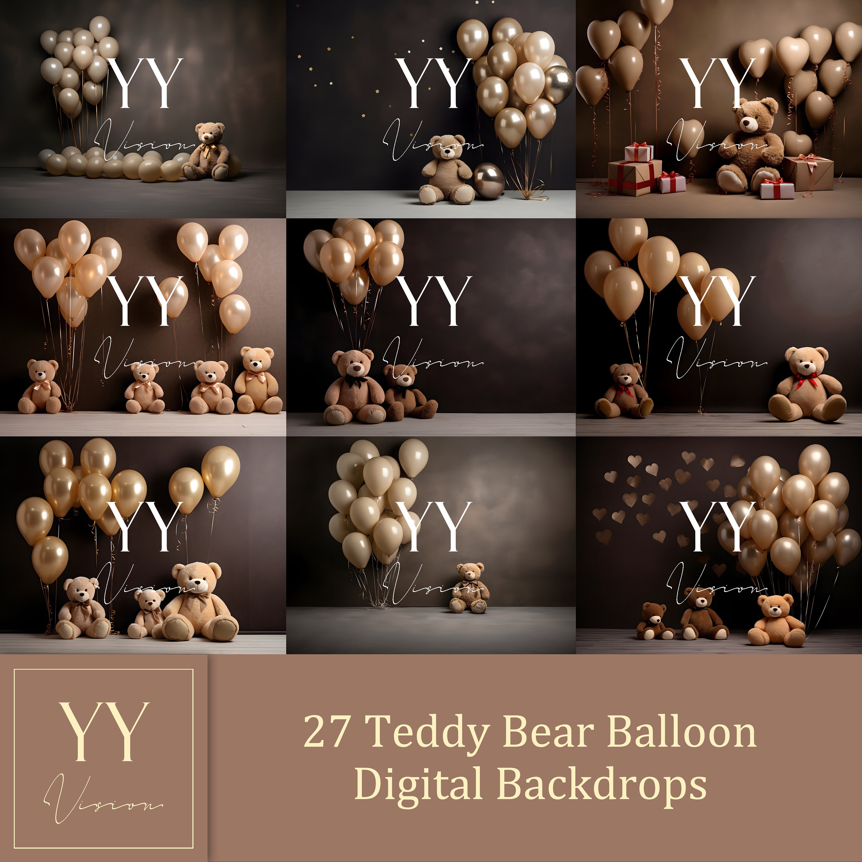 27 Teddy Bear and Balloon Bronze Digital Backdrops Sets for Newborn ...