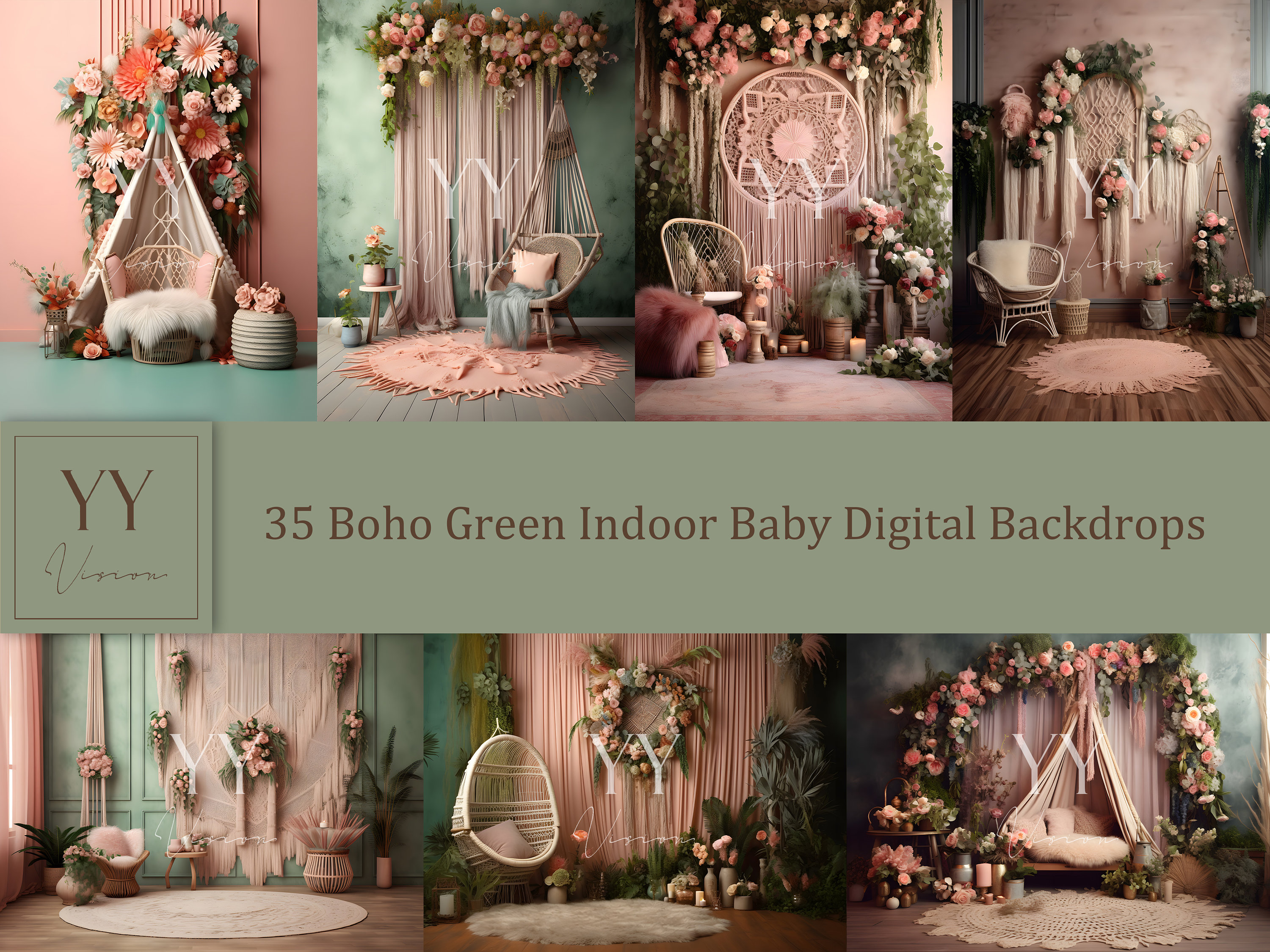 35 Boho Green Indoor Baby Digital Backdrops Sets Maternity Studio ...