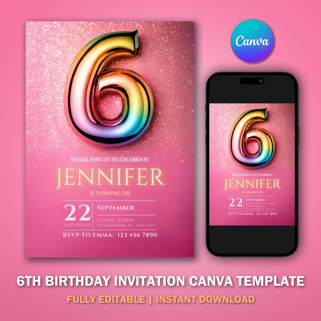 6th Birthday Invitation Template V3 for Glitter Birthday Party ...