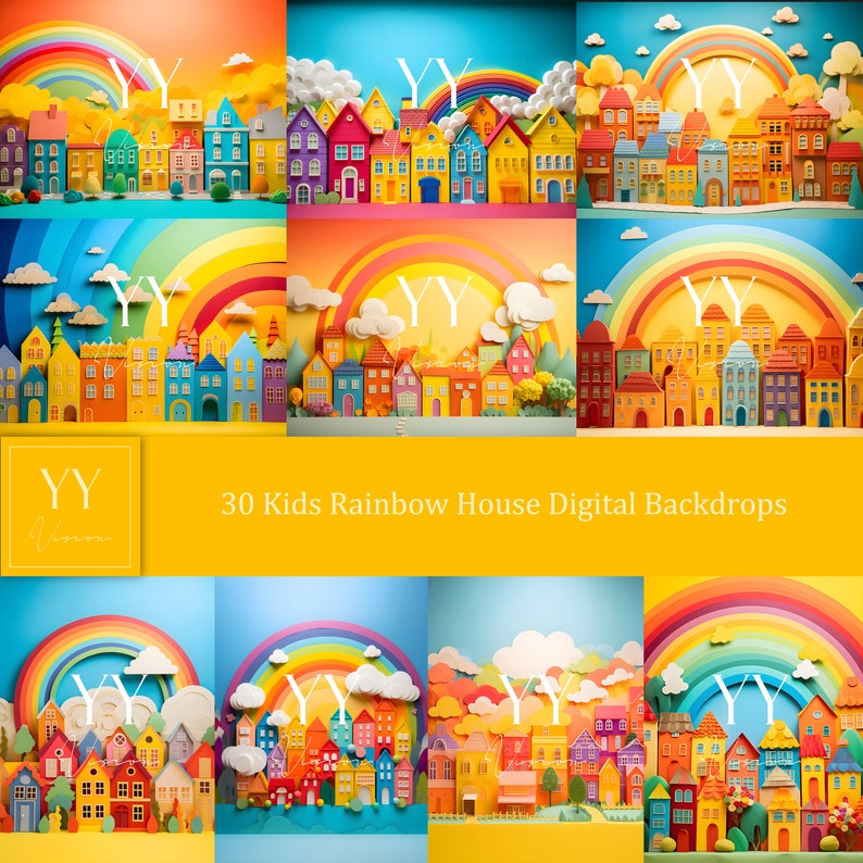 30 Kidcore House Rainbow Cloud Digital Backdrops Sets for Baby Cake ...