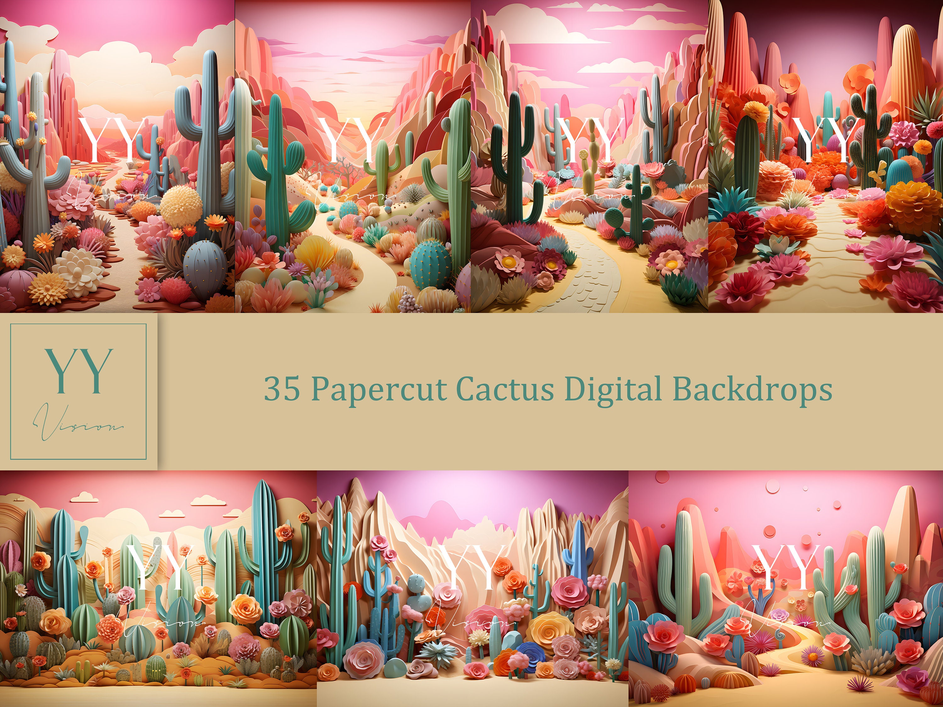 35 Papercut Cactus Digital Backdrops Sets for Newborn Baby Cake Smash ...