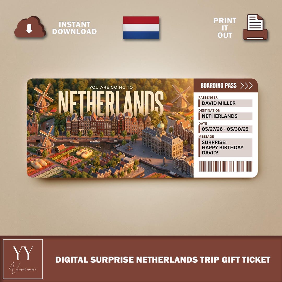 Printable NETHERLANDS Surprise Ticket | Editable Boarding Pass ...