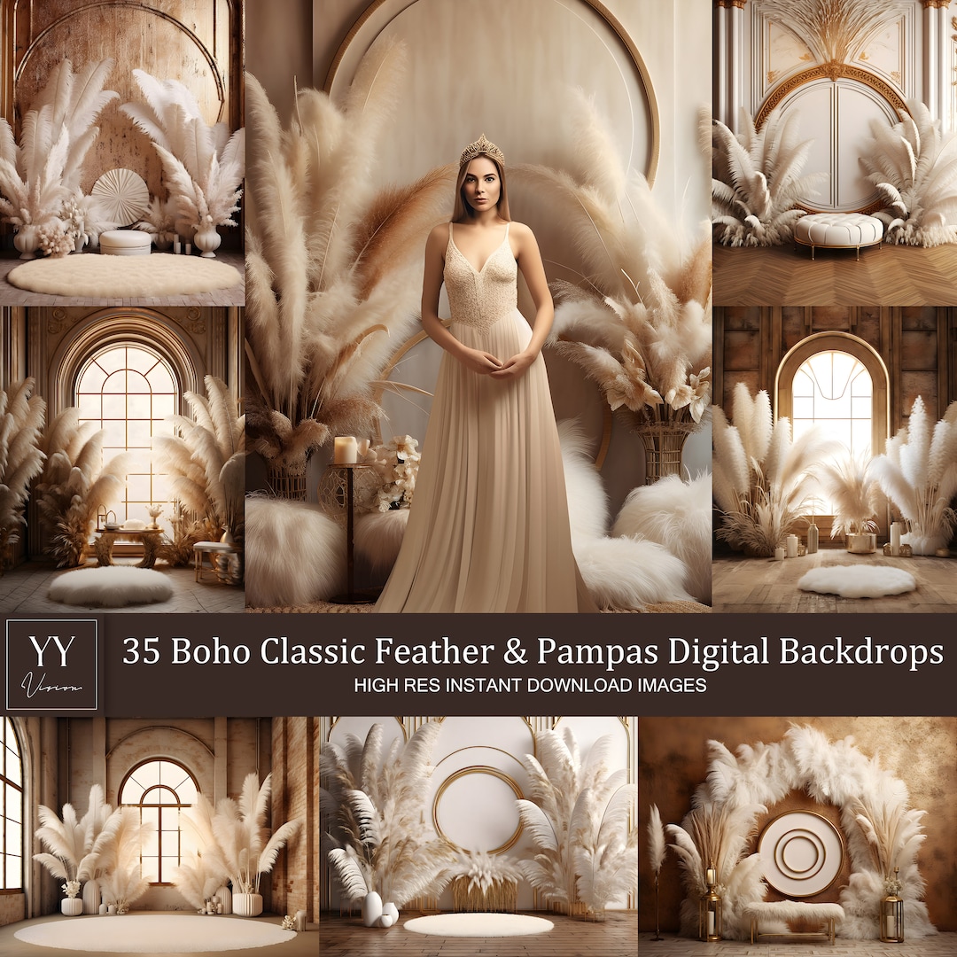 35 Boho Classic Feather Pampas Grass Digital Backdrops Sets for ...
