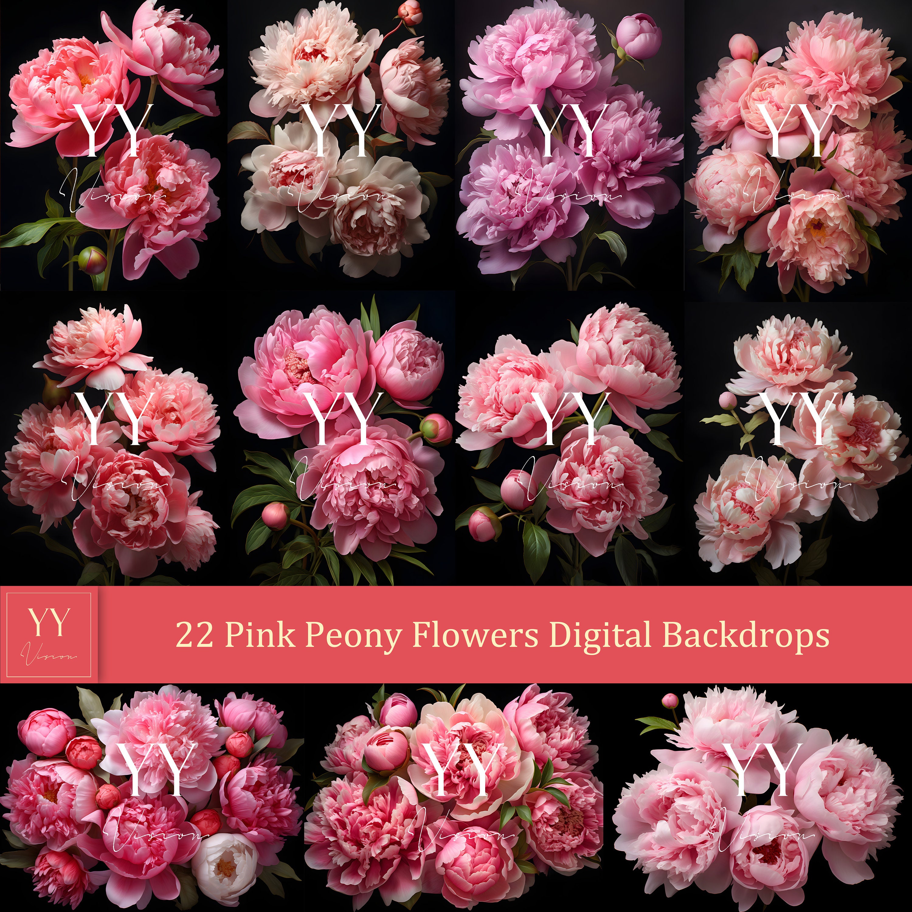 22 Pink Peony Flowers Digital Backdrops Sets for Wedding - Etsy