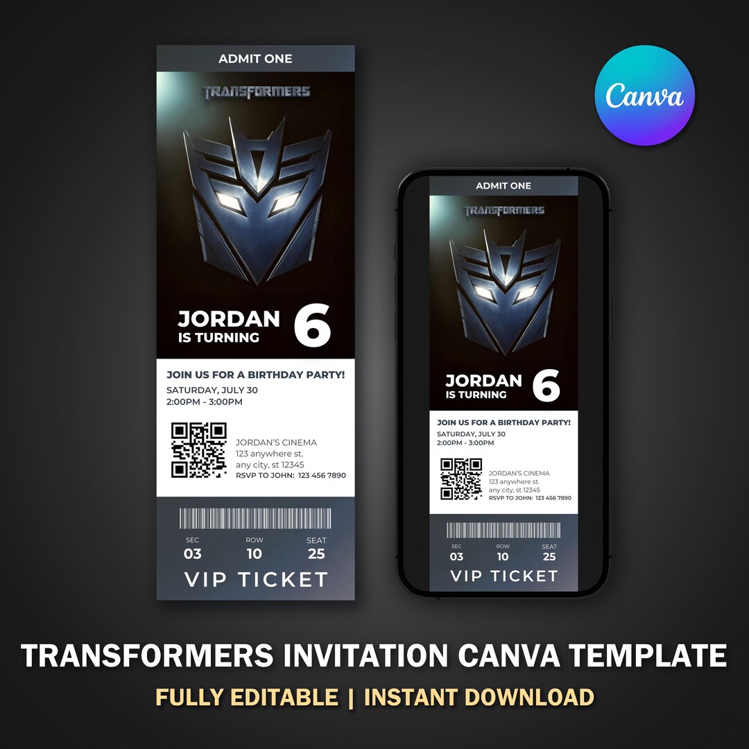 Transformers Ticket Invitation Template V2 for Birthday Party Editable Printable Digital ...