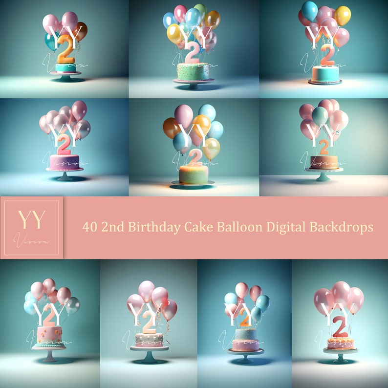 40 2nd Second Birthday Cake Smash Balloons Digital Backdrops Sets for ...