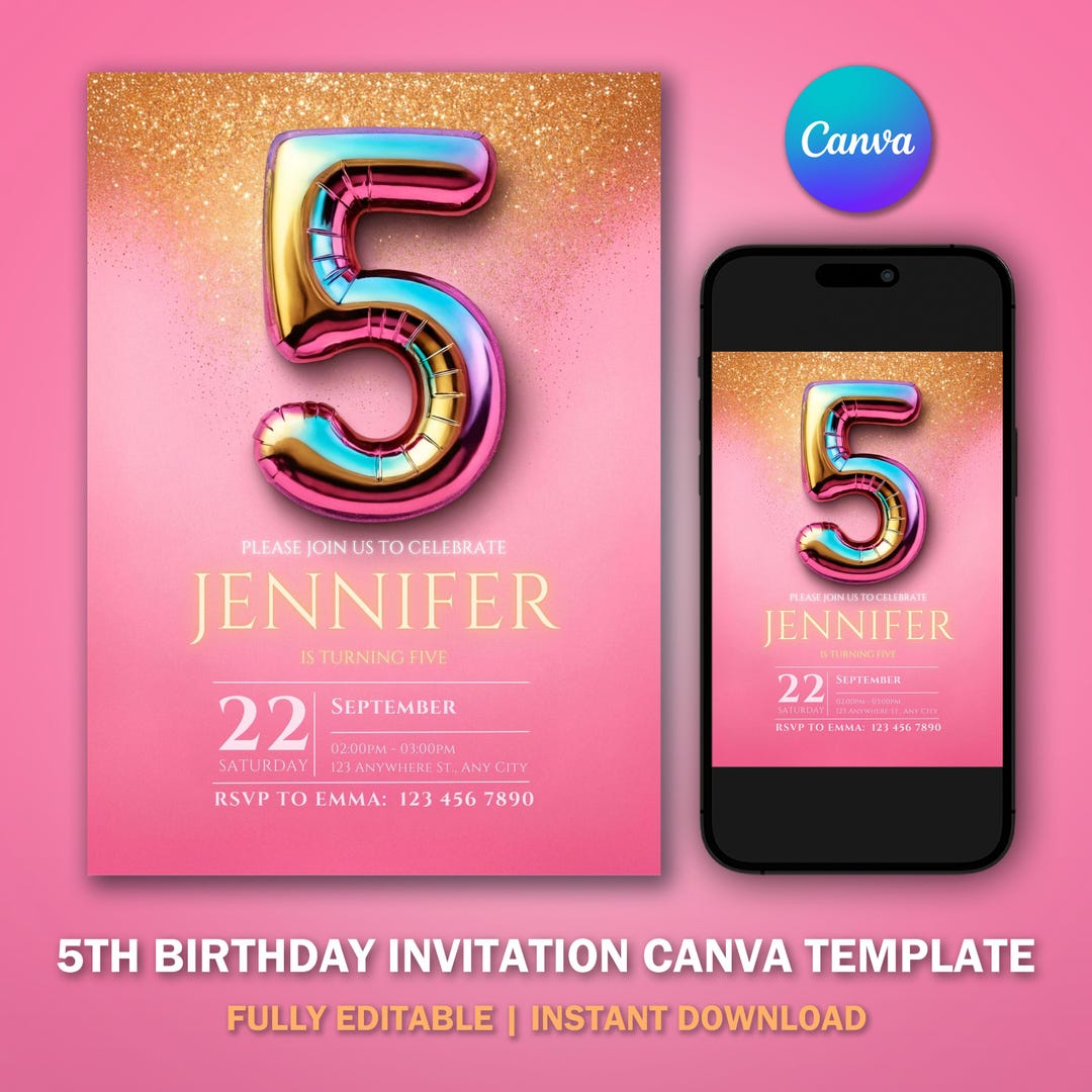 5th Birthday Invitation Template V3 for Glitter Birthday Party ...