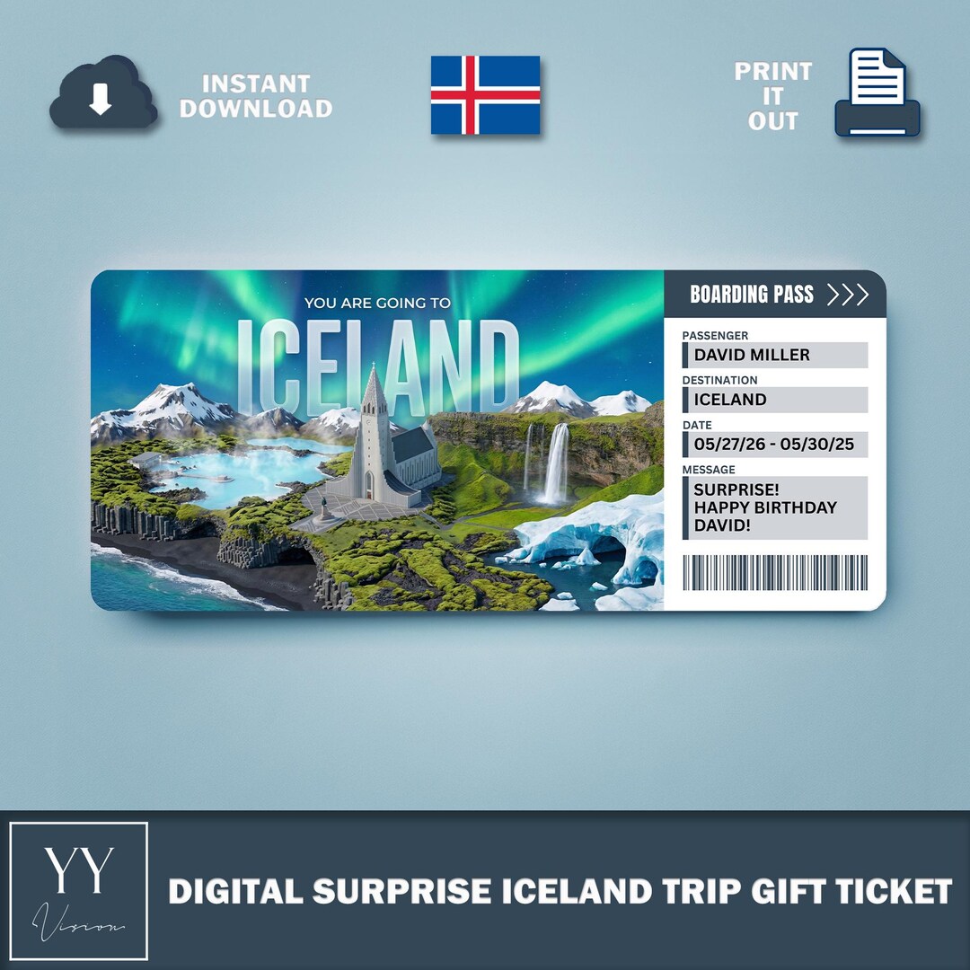 Printable ICELAND Surprise Ticket | Editable Boarding Pass | Vacation ...
