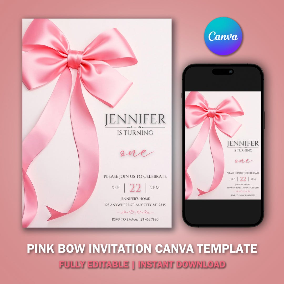 Pink Bow Birthday Invitation Template V1 | Editable Printable Digital ...