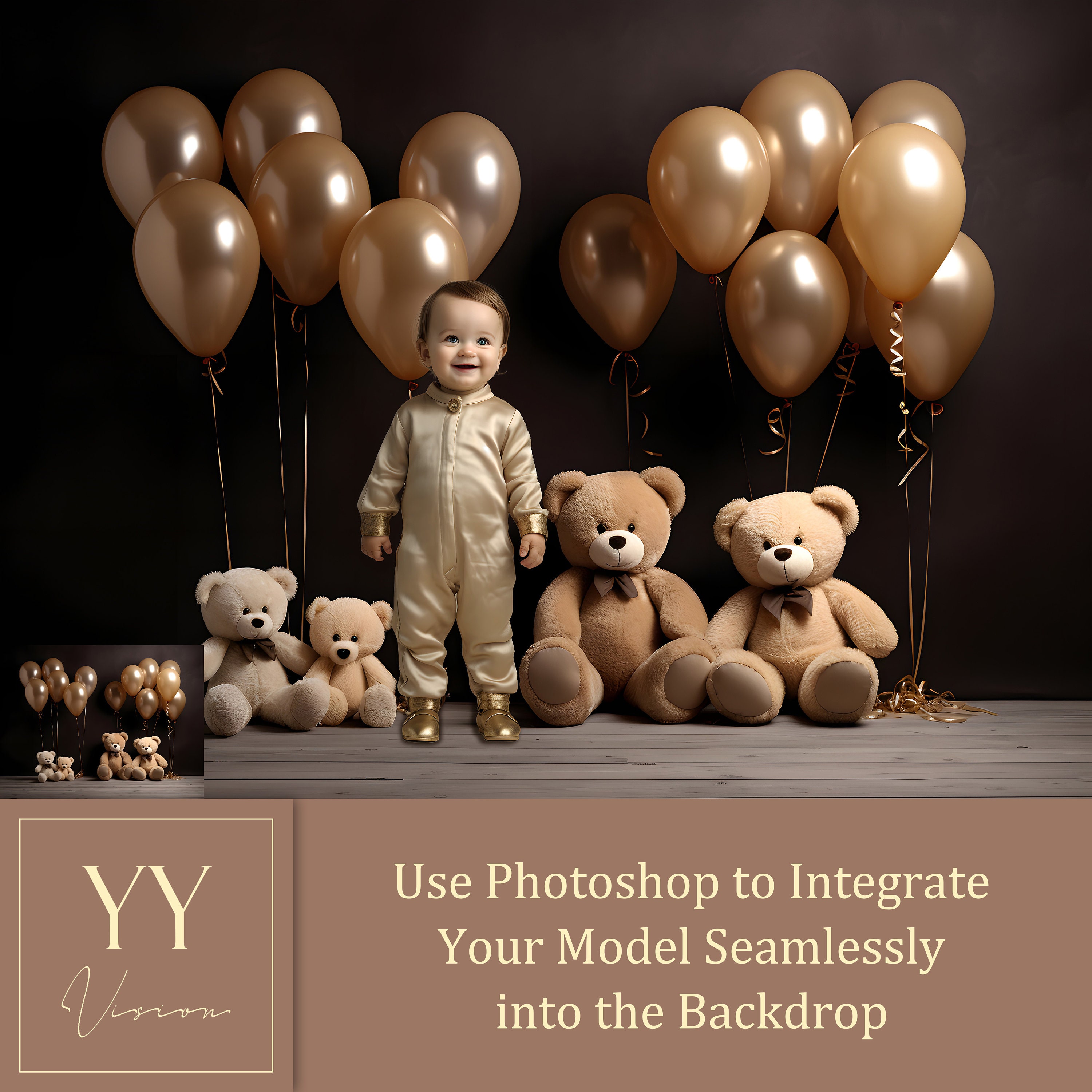 27 Teddy Bear and Balloon Bronze Digital Backdrops Sets for Newborn ...