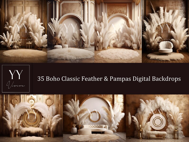 35 Boho Classic Feather Pampas Grass Digital Backdrops Sets - Etsy