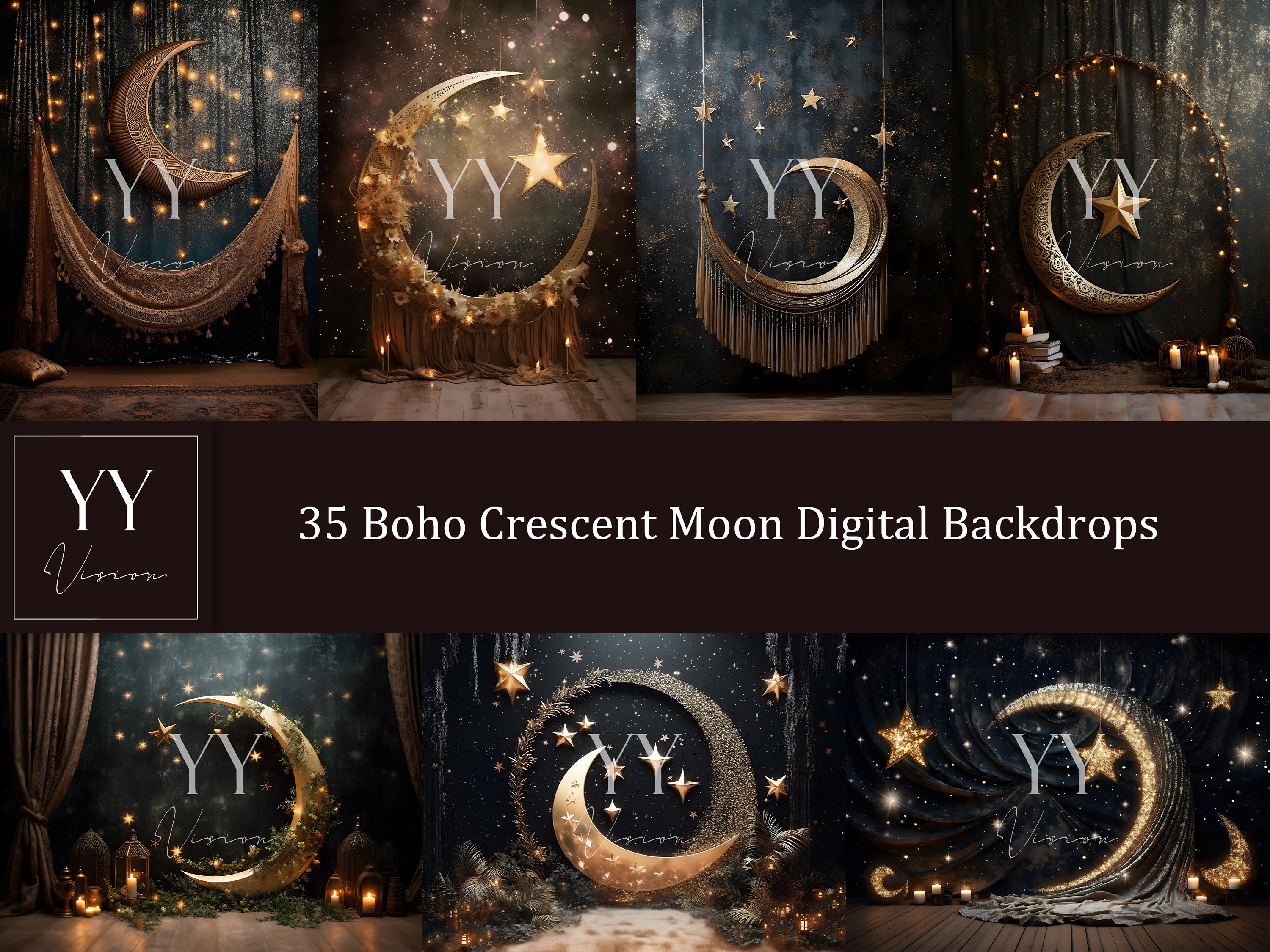 35 Boho Crescent Moon Digital Backdrops Sets for Maternity Newborn ...