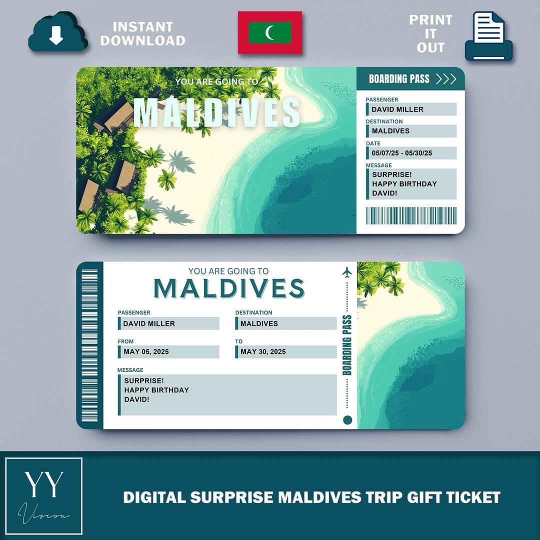 Printable MALDIVES Surprise Ticket V2 | Editable Boarding Pass ...