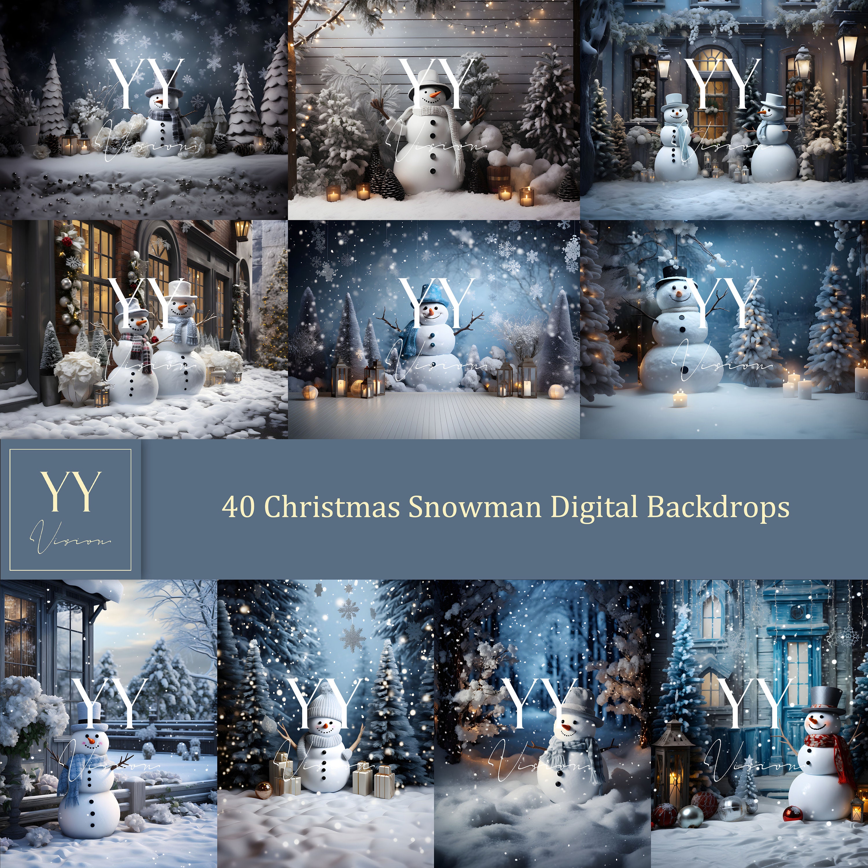 40 Christmas Snowman Digital Backdrops Sets for Holiday Christmas ...