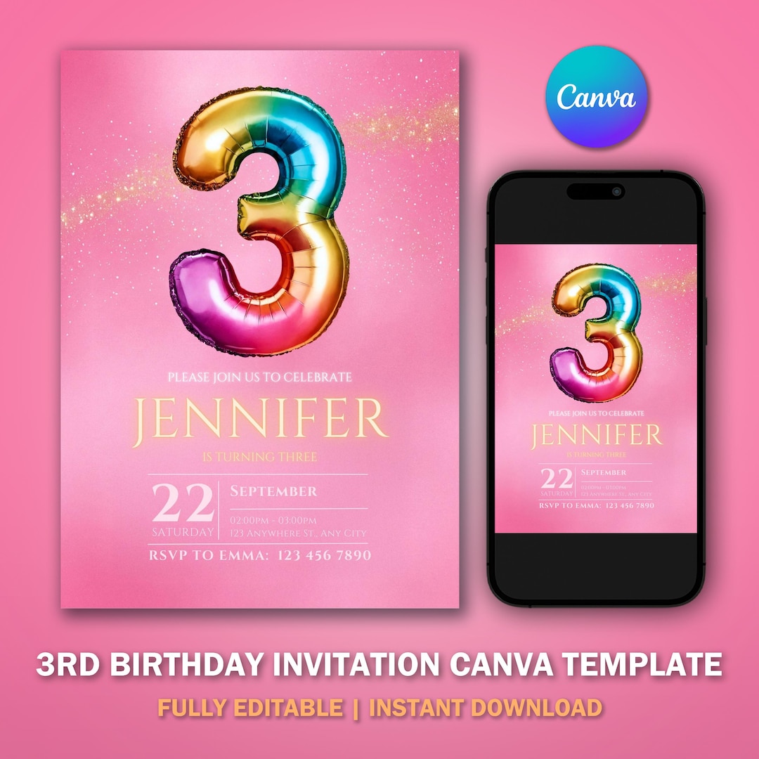 3rd Birthday Invitation Template V3 for Glitter Birthday Party ...