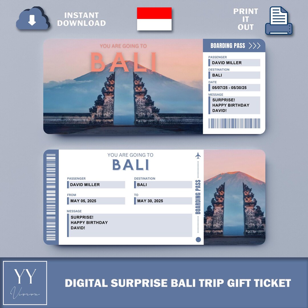 Printable BALI Surprise Ticket V1 | Editable Boarding Pass |vacation Gift | Customizable Digital ...